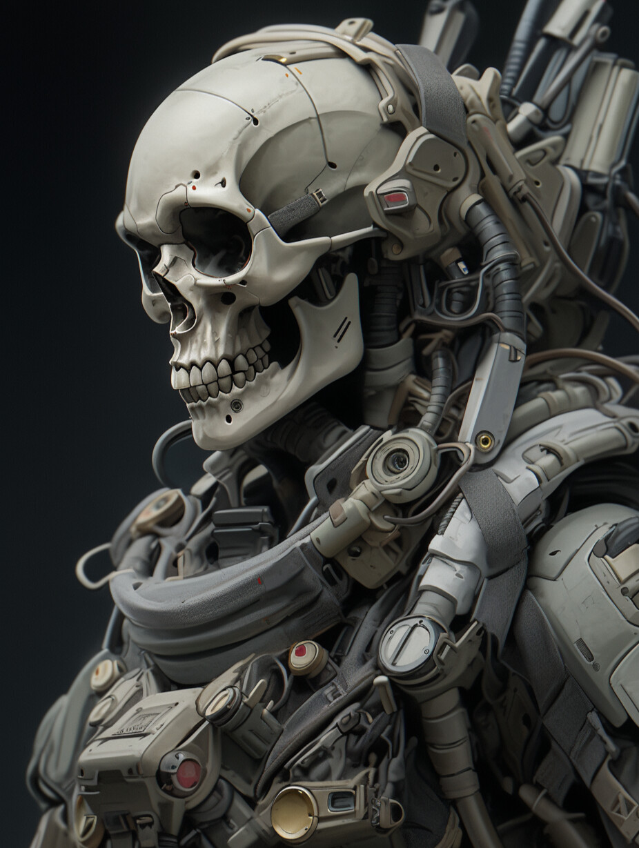ArtStation - extremem close-up photo of a sleek soldier robot,skull face