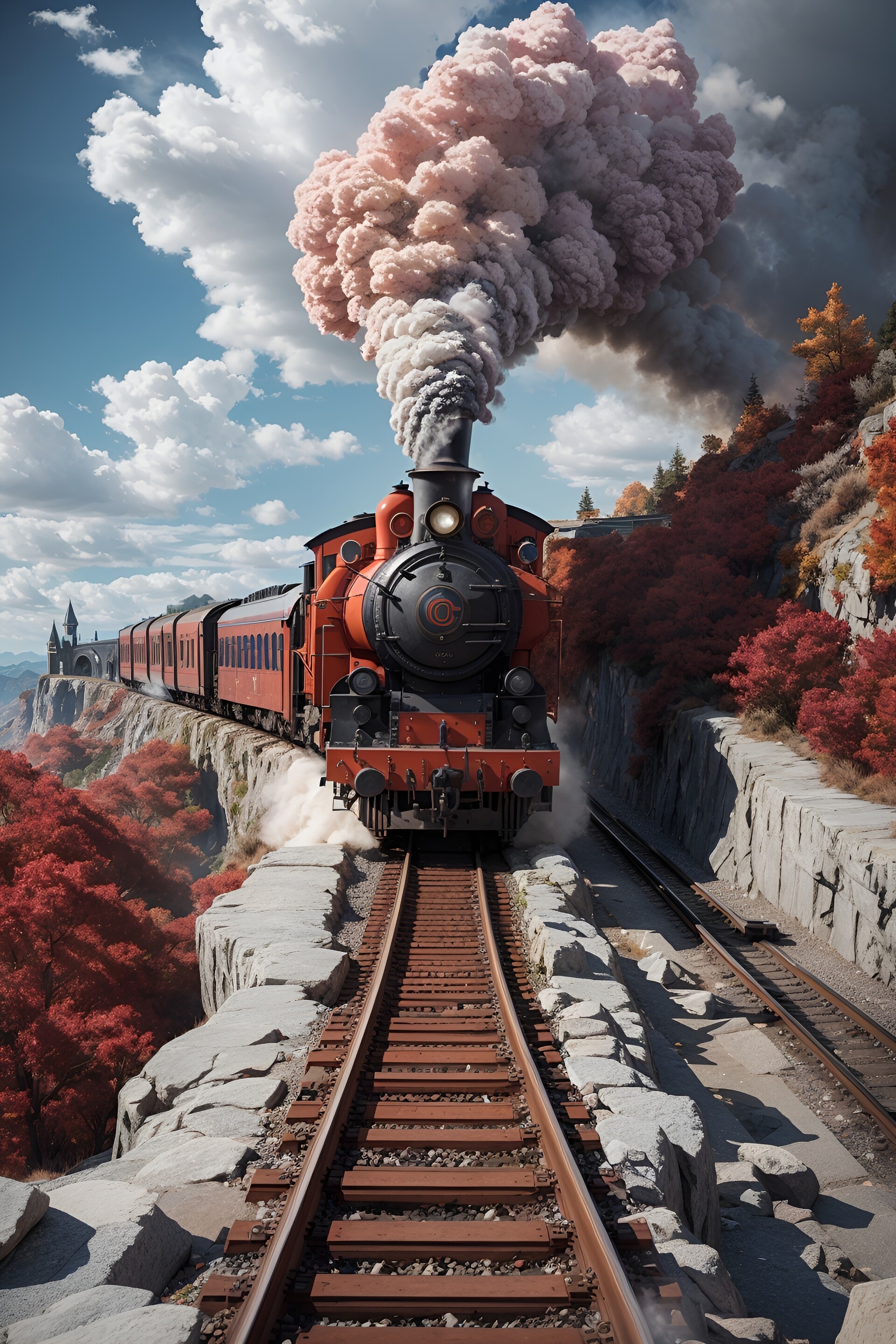 ArtStation - a steam engine train traveling down train tracks, a ...