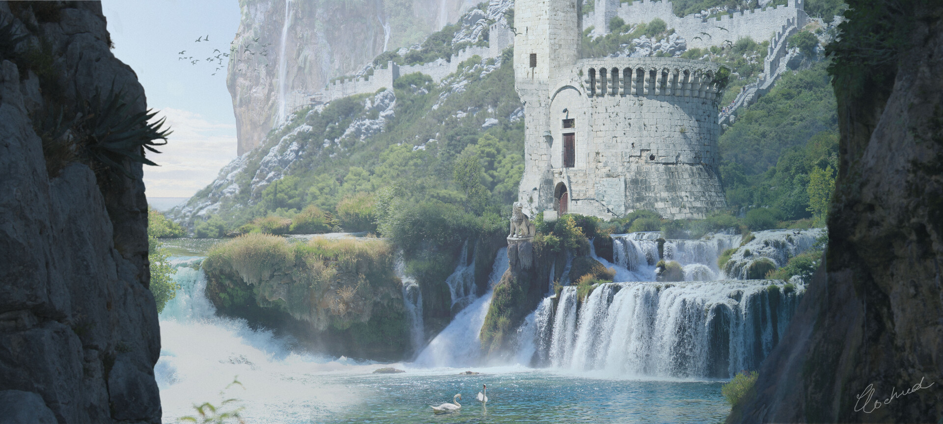 ArtStation - Medieval castle and walls in waterfall landscape