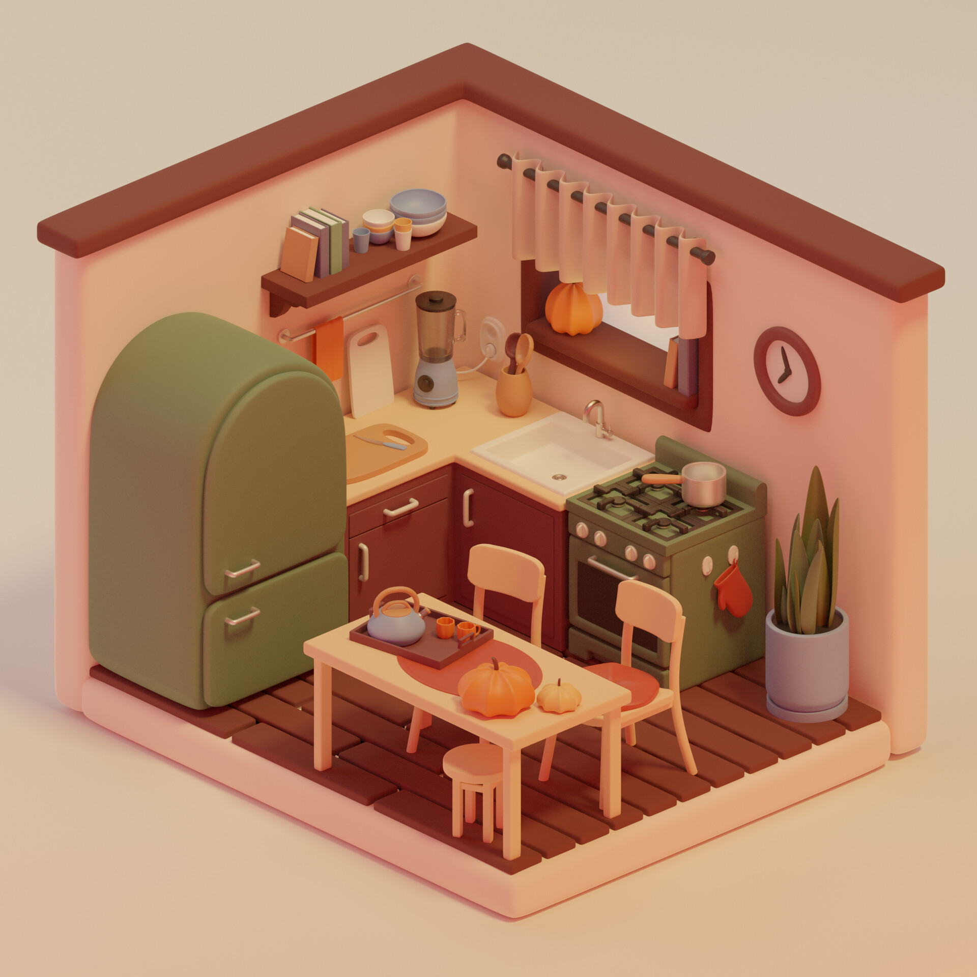 ArtStation - Cute autumn isometric kitchen