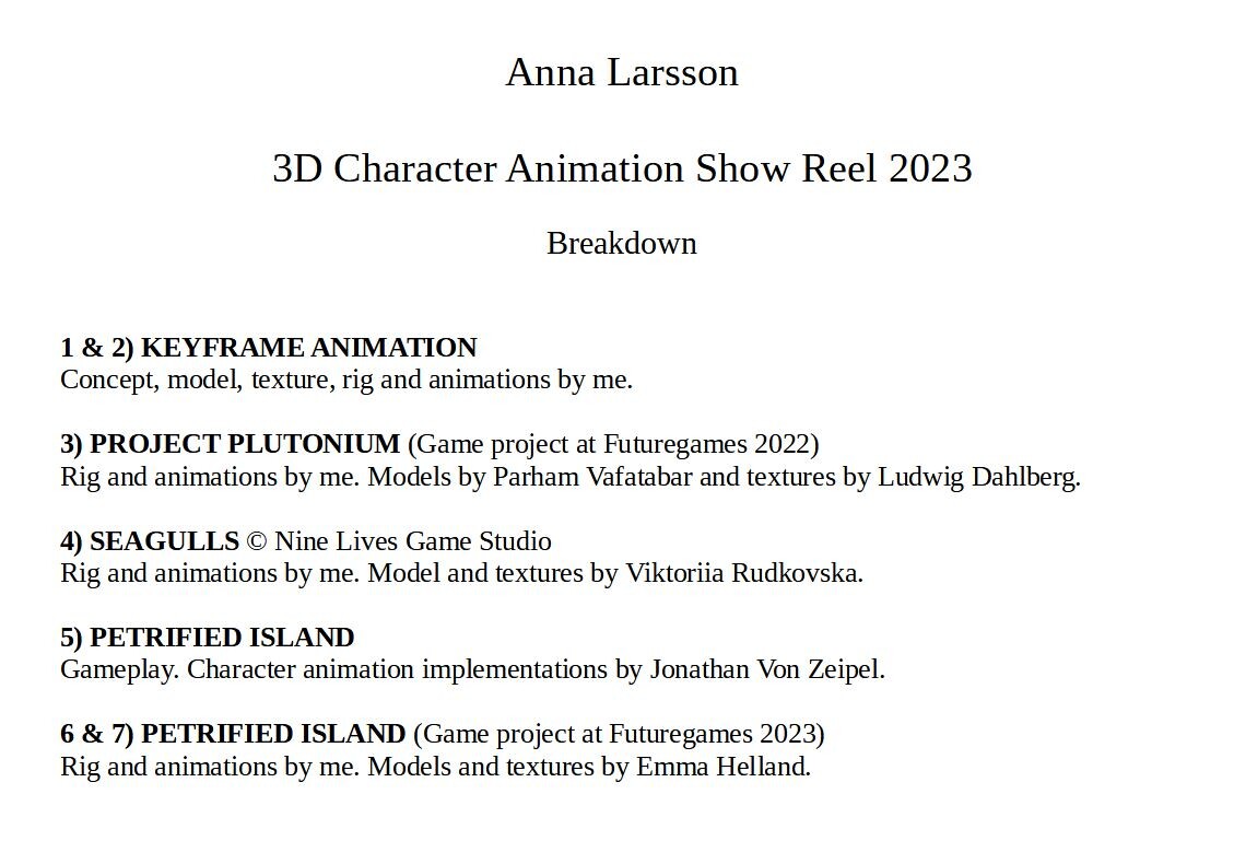 Anna Larsson - 3D Character Animation Show Reel 2023