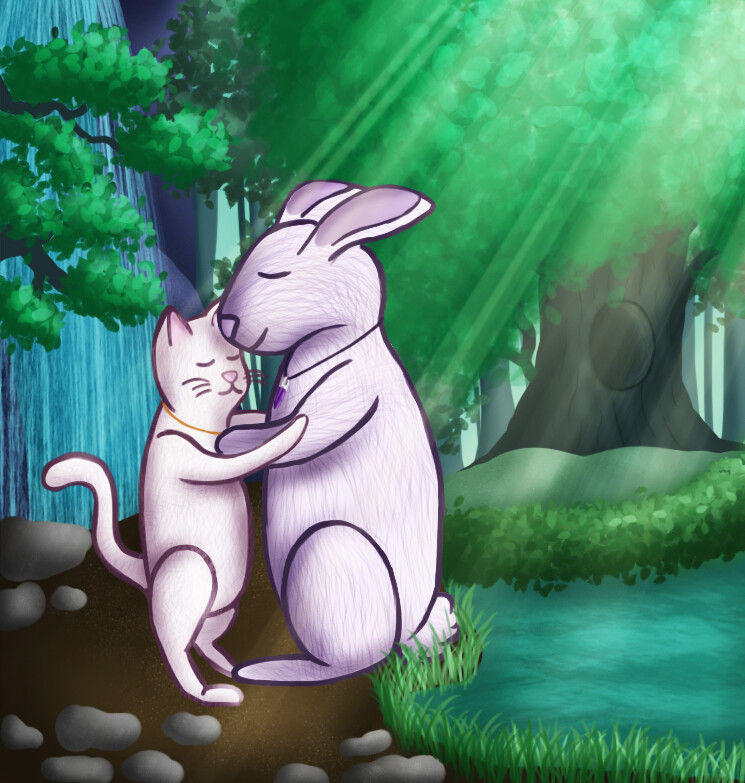 ArtStation - Cat and Rabbit hugging in the forest