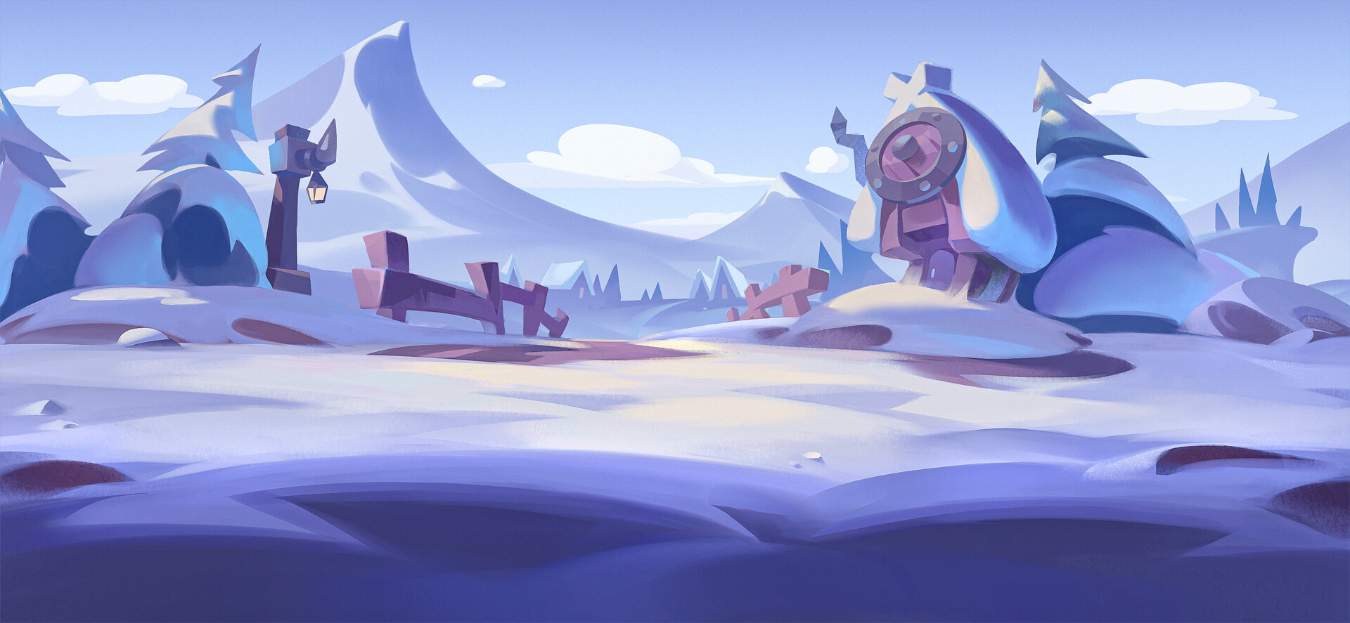 ArtStation - snow village_Side-scrolling game background concept work