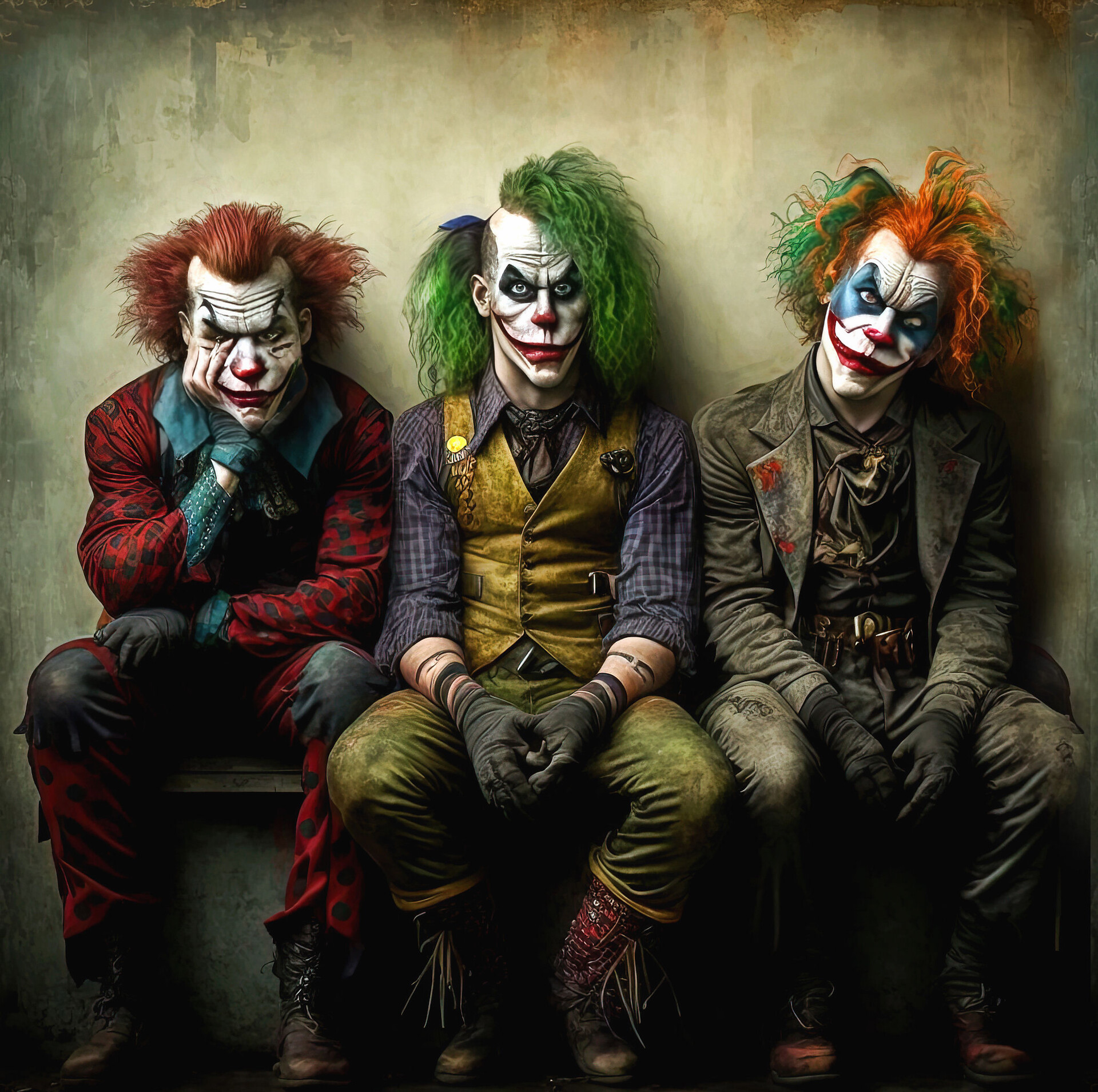 ArtStation - The Wretched Trio: Three Malevolent Clowns on a Bench