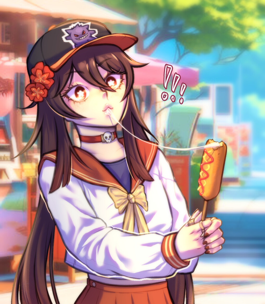 ArtStation - Hu Tao eating a corndog. That's it. That's the title.