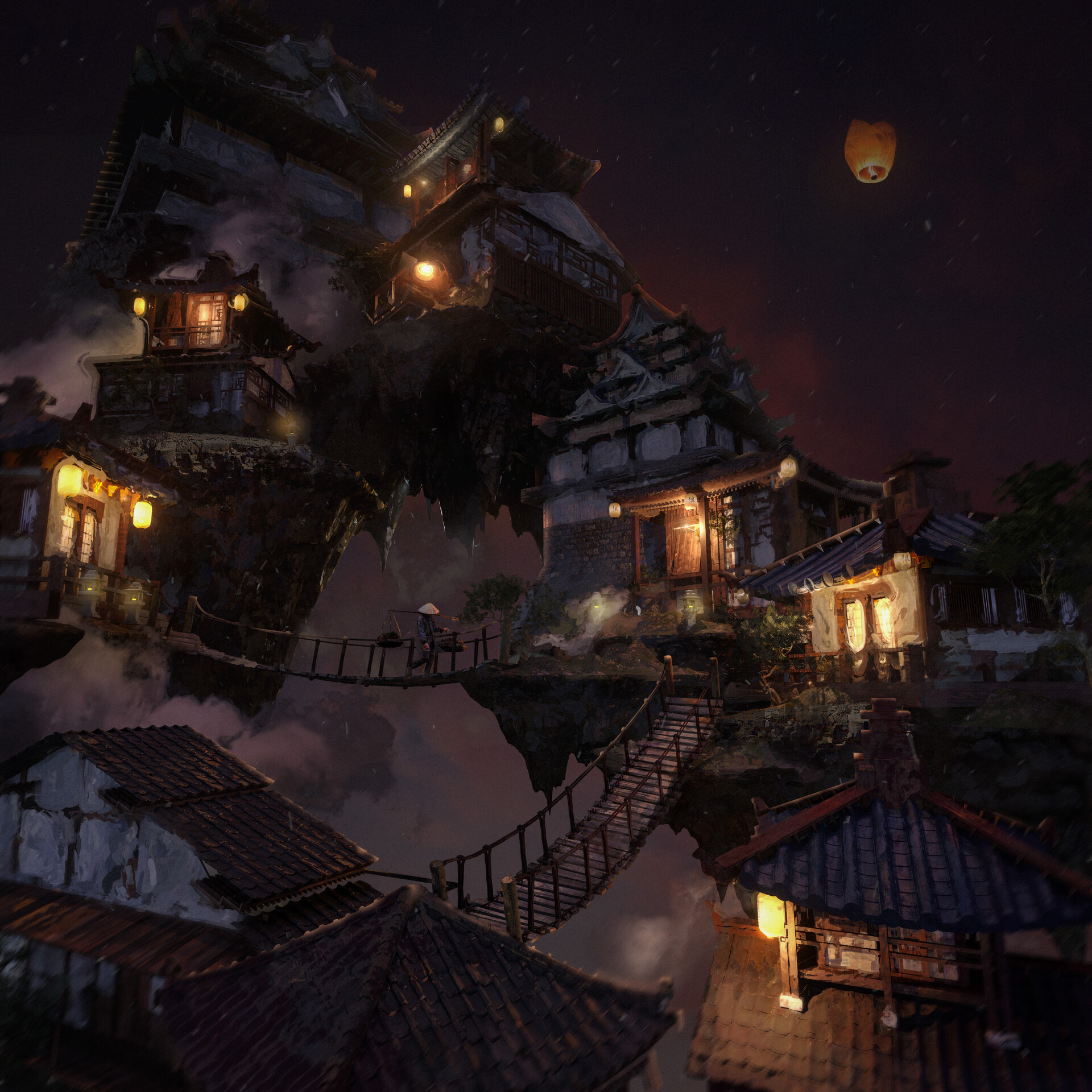 ArtStation - Night in flying Japanese city