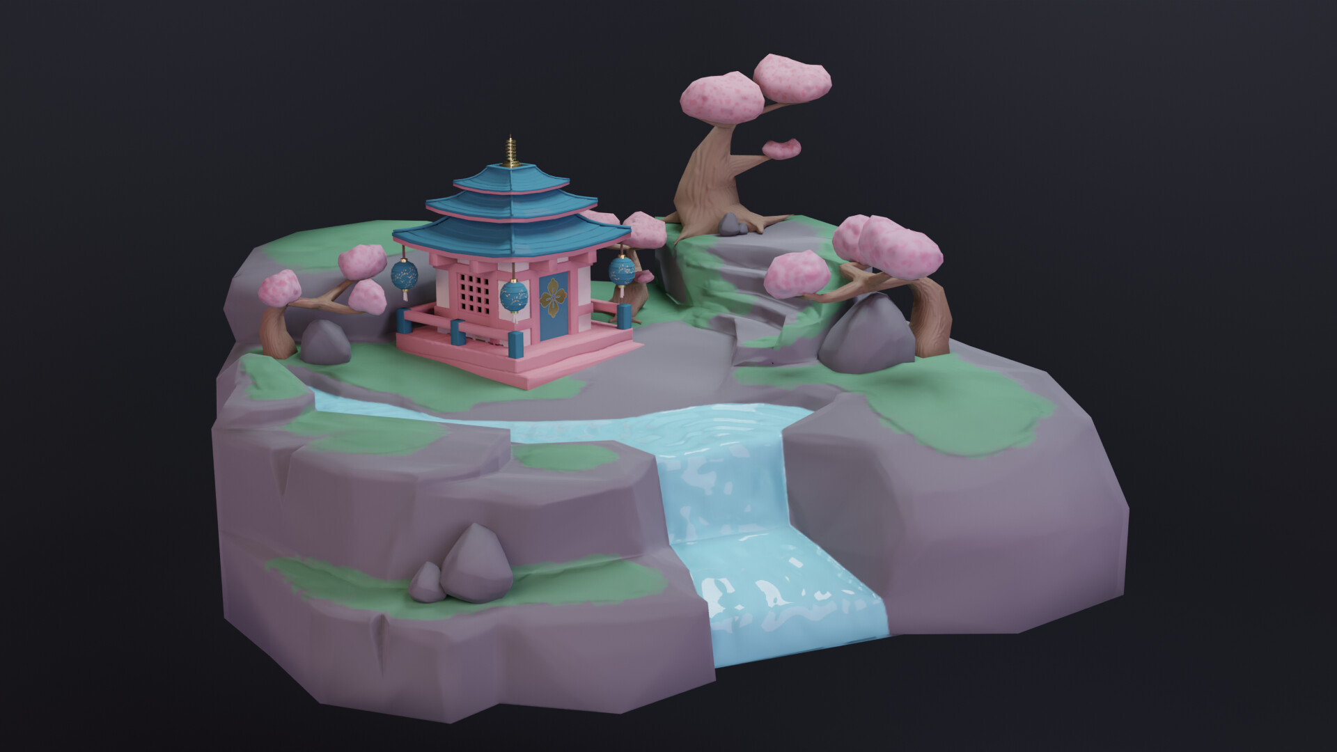 ArtStation - low-poly Asian house next to a waterfall