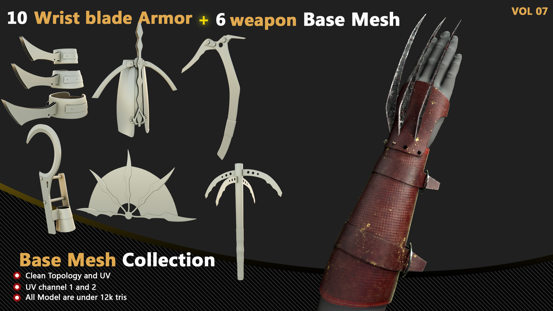 ArtStation - 10 Wrist blade Armor + 6 weapon Base Mesh - VOL 07