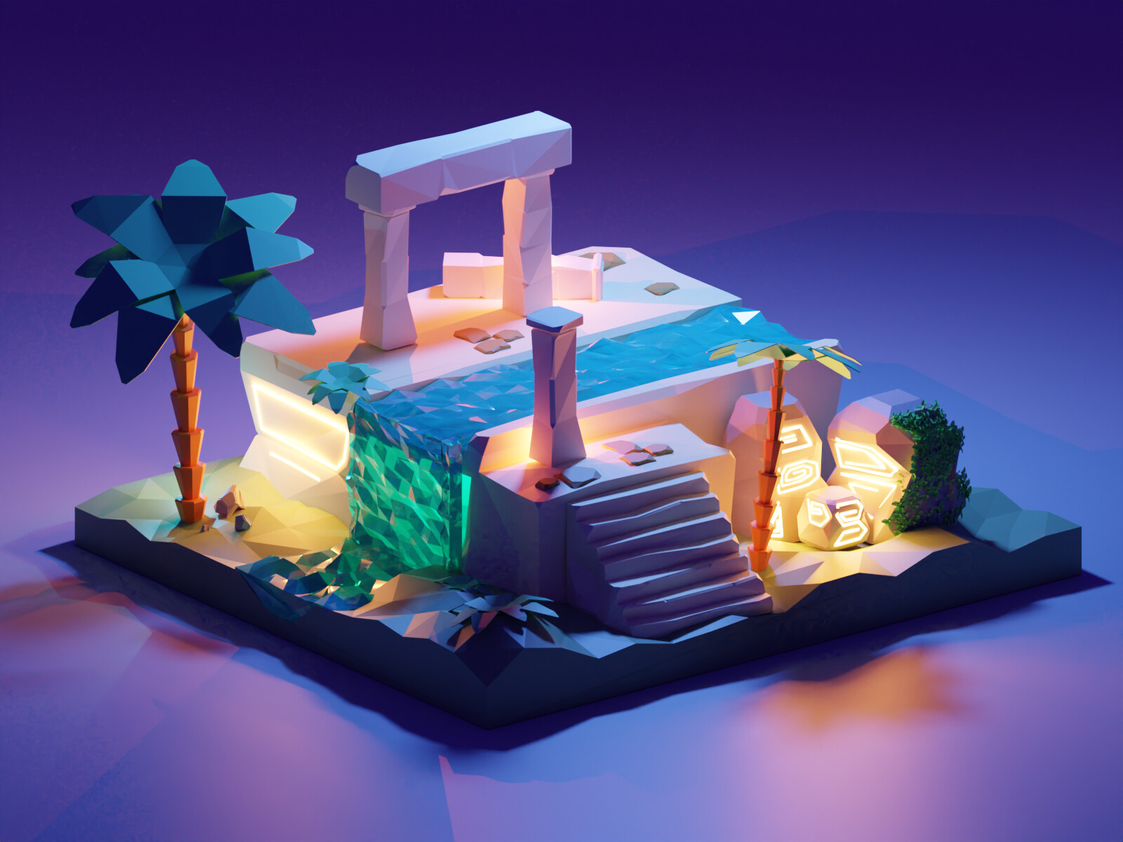 ArtStation - night scene lights and magic 3d acient ruins 3d blender