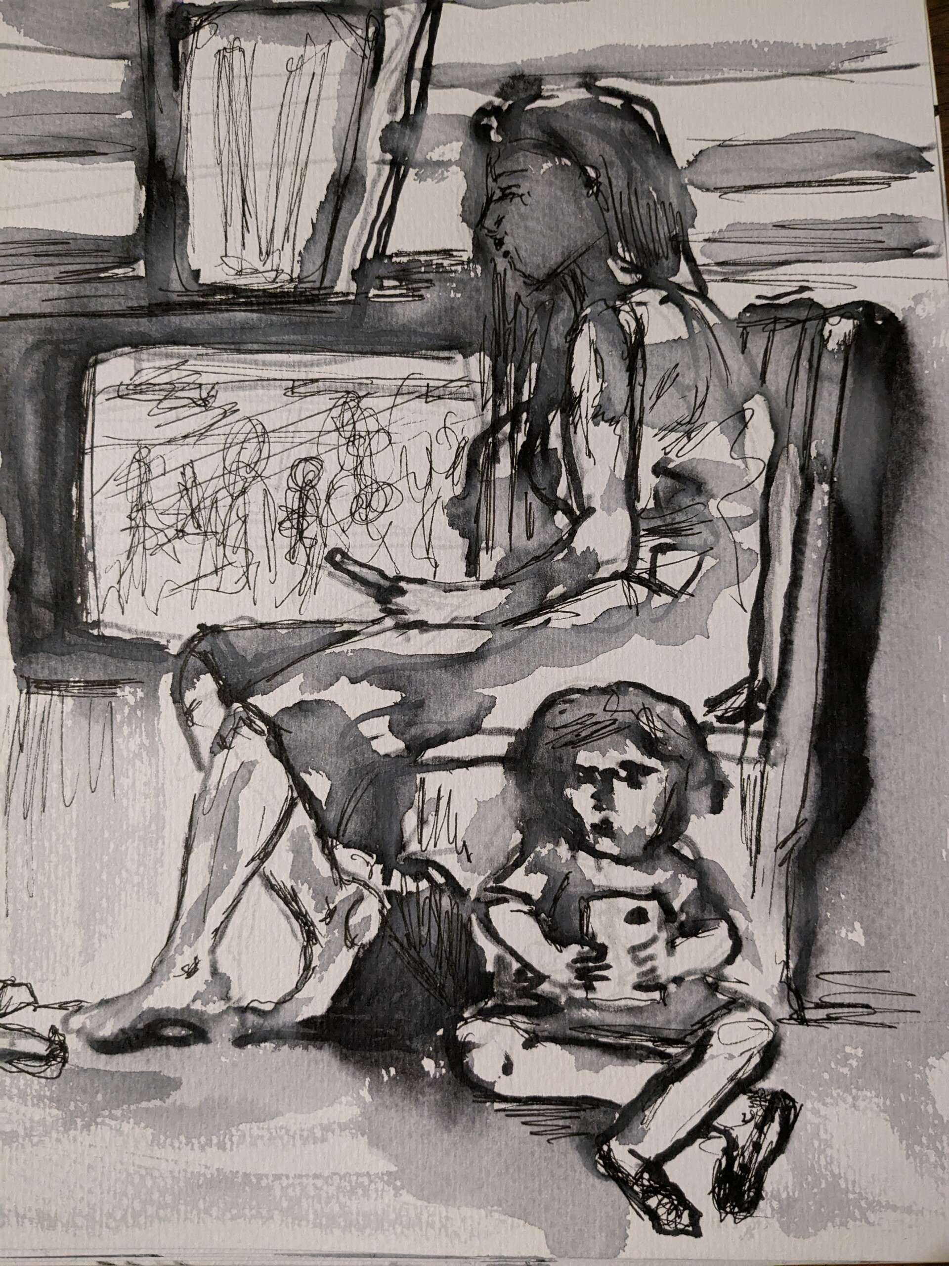 ArtStation - Parent child on train. Sumi-e