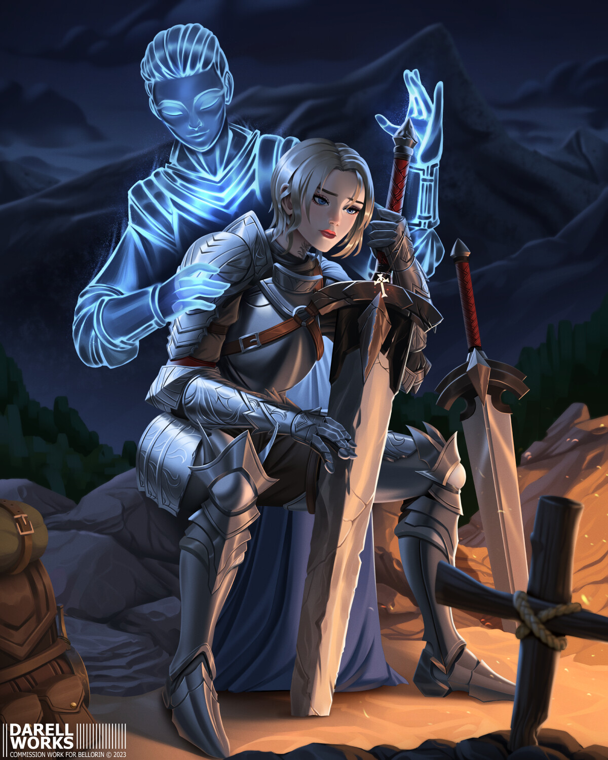 ArtStation - Danielle, The Paladin, comforted by her late companion, Jean.