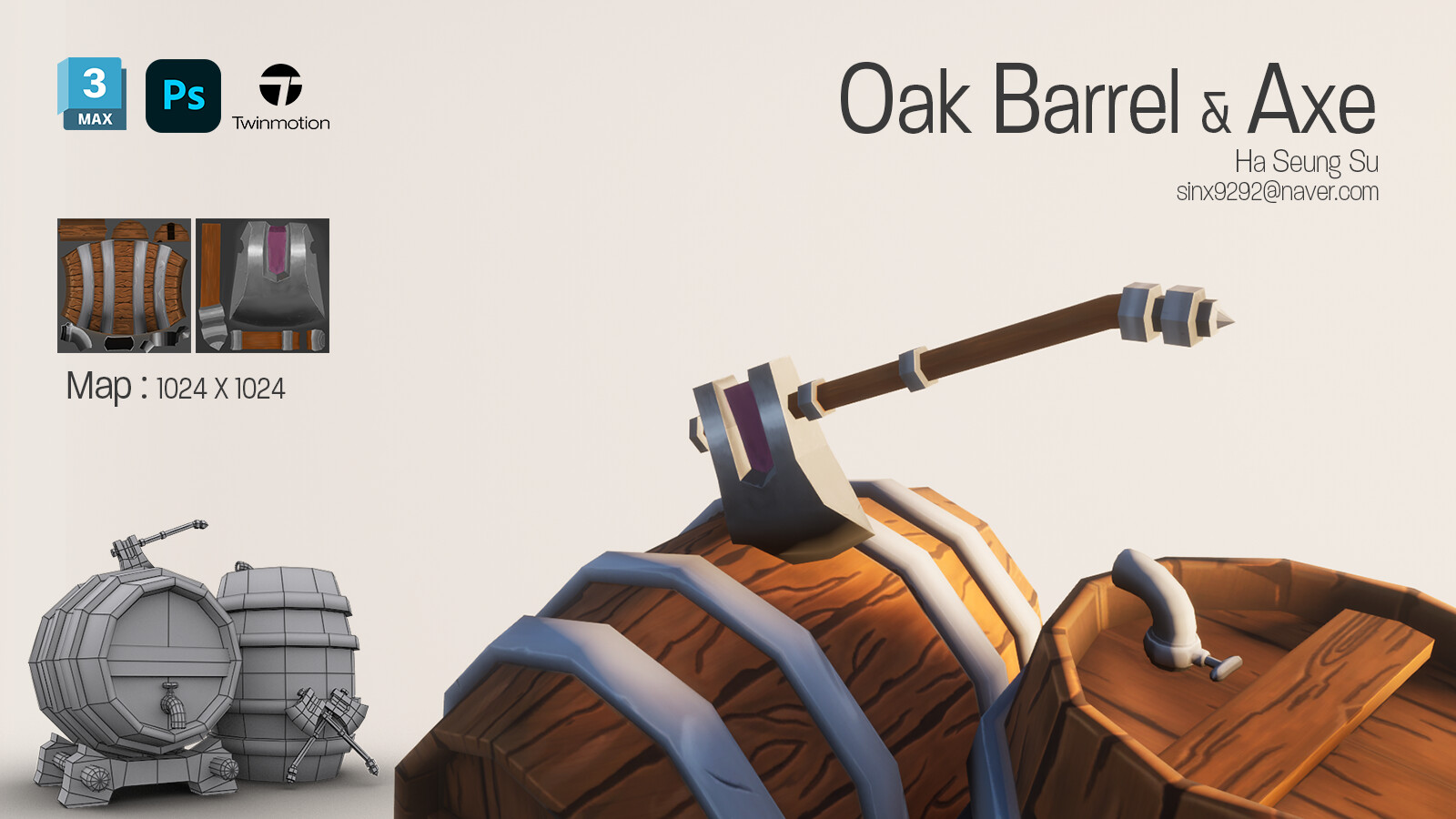 ArtStation - 3D Prop Oak Barrel and Axe