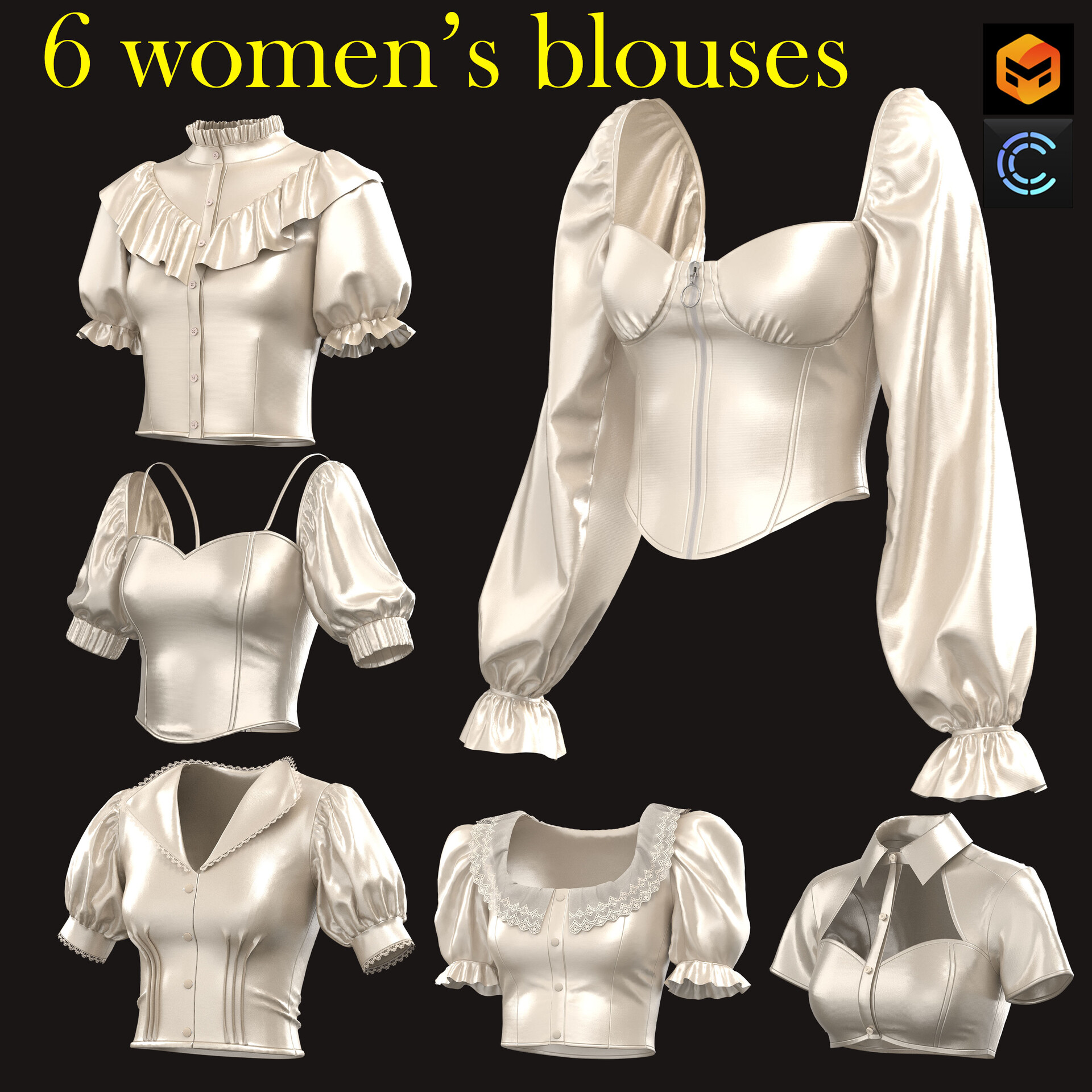 ArtStation - 6 Different Women's Blouses . Clo3D . MD Projects + OBJ + FBX