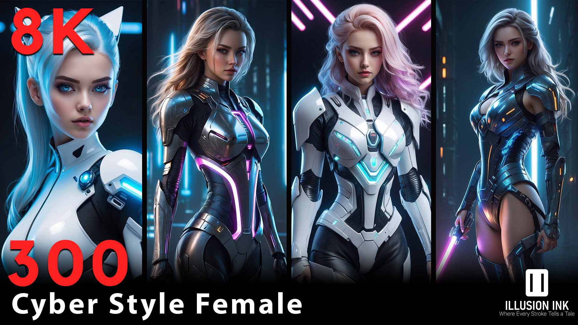 ILLUSION INK - 300 Cyber Style Female Character Reference | 8K
