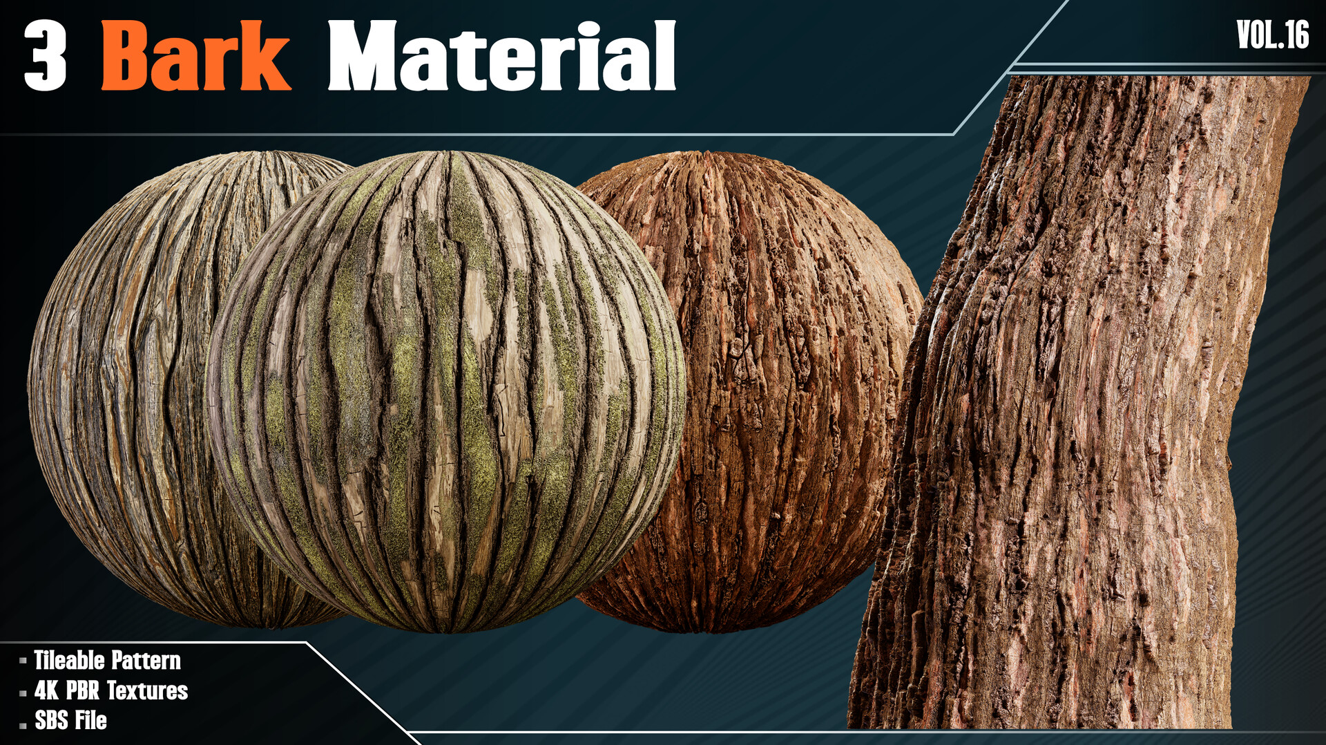 mehdi shahraki - 3 Tree Bark Material -VOL 05 (sbs file + 4k PBR Textures)