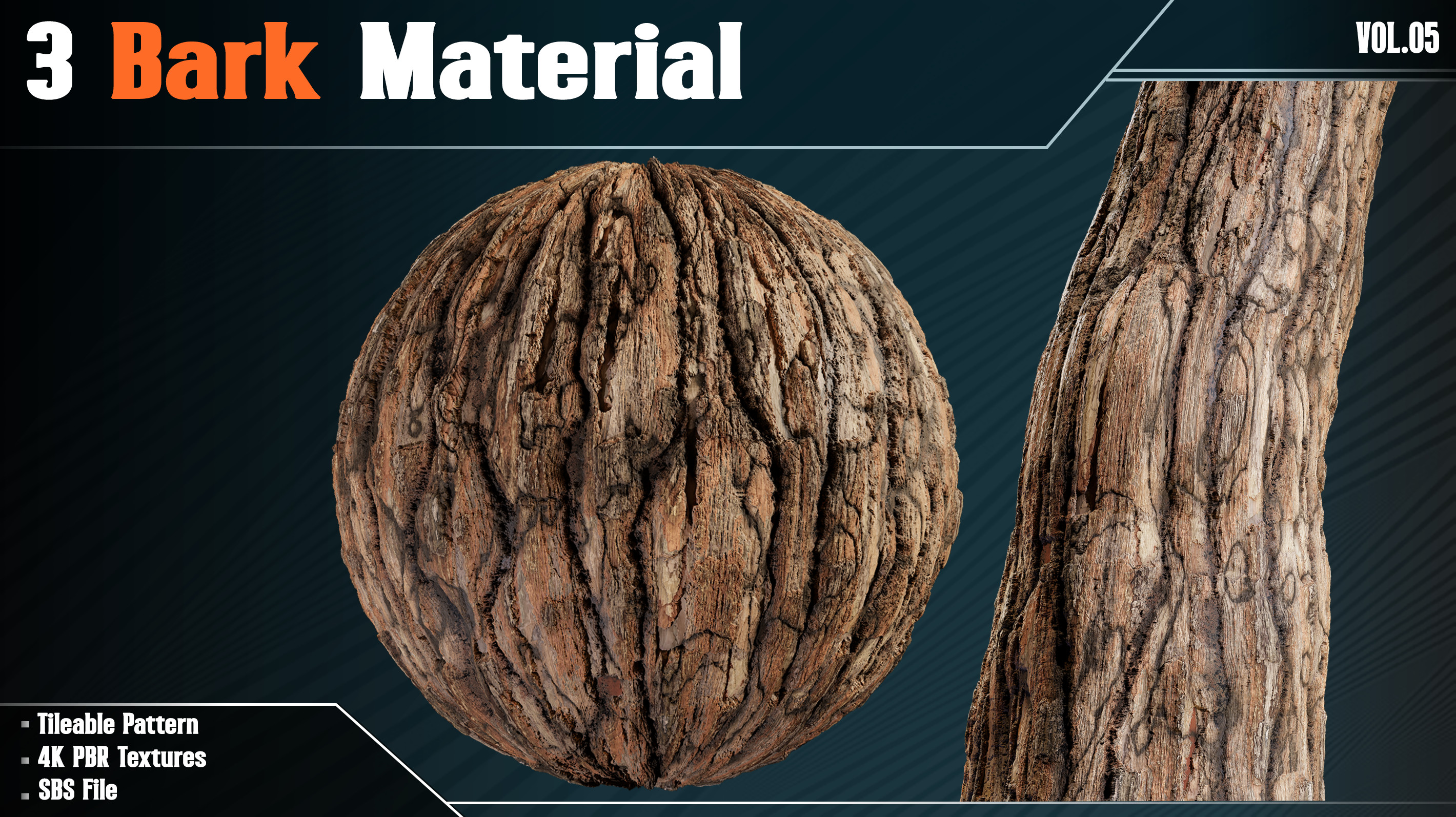 mehdi shahraki - 3 Tree Bark Material -VOL 05 (sbs file + 4k PBR Textures)