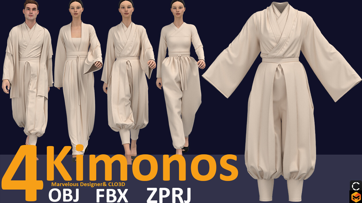 ArtStation - 4 Kimono 3d models (VOl.02) Zprj, Fbx, OBJ