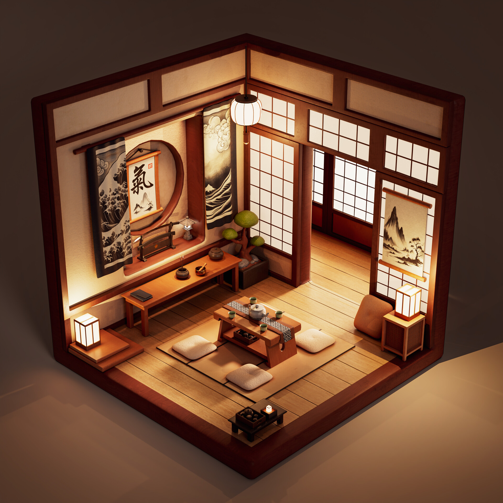ArtStation - Isometric Japanese Zen tea room