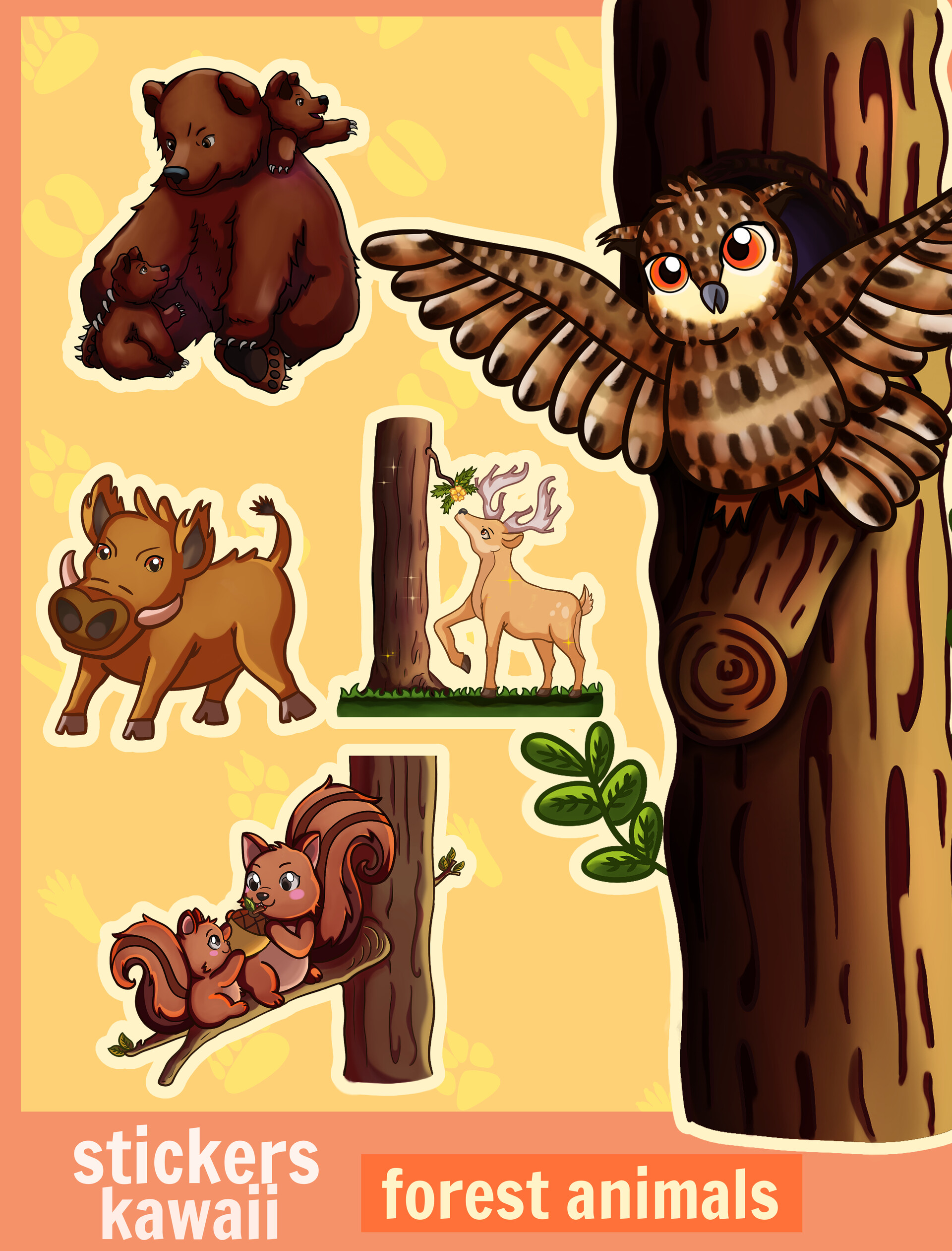 kitsune.ins - 6 different stickers of forest animals: owl, bears, pigs ...
