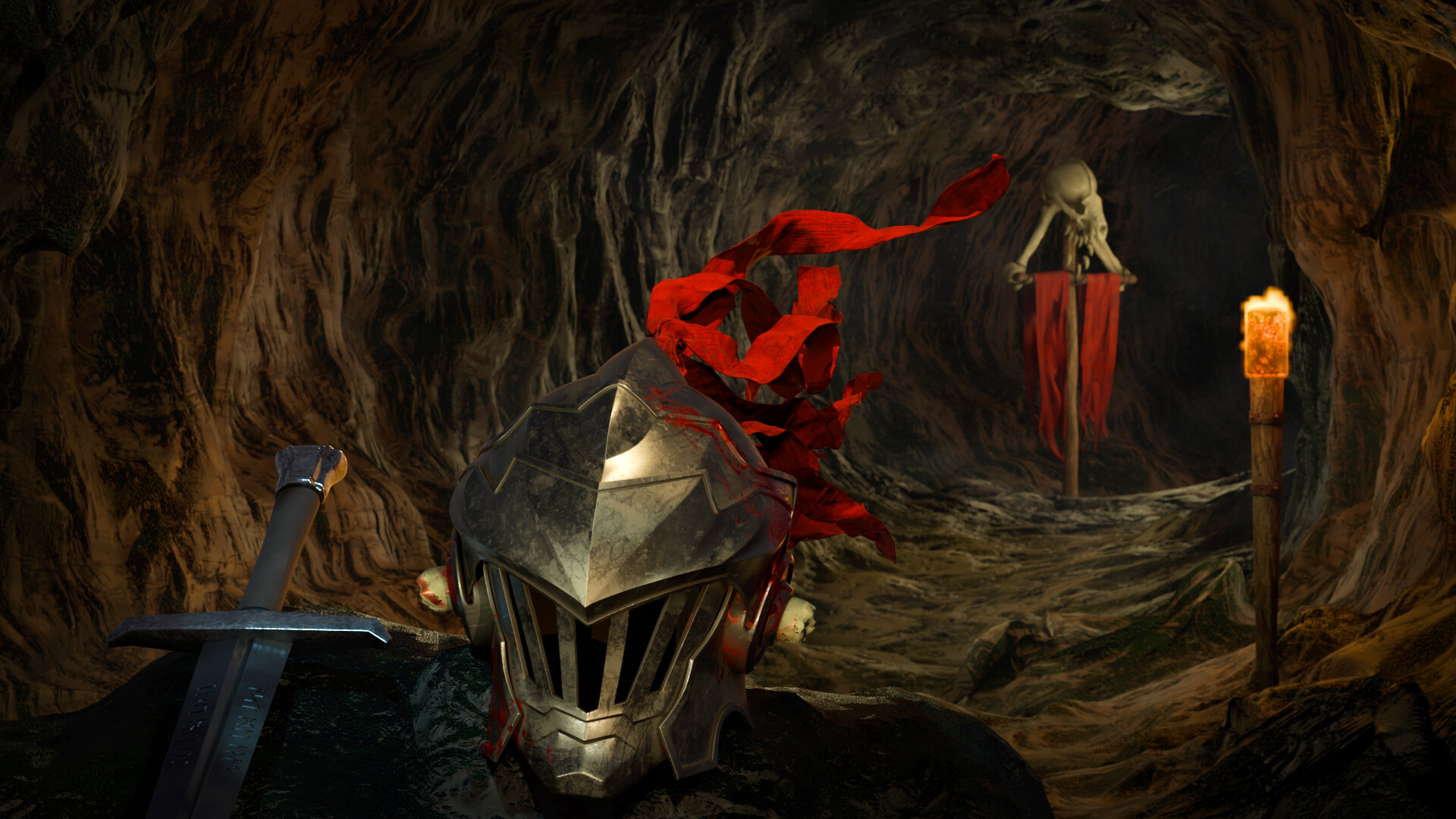 ArtStation - Helmet and Goblin totem in cave from anime Goblin Slayer