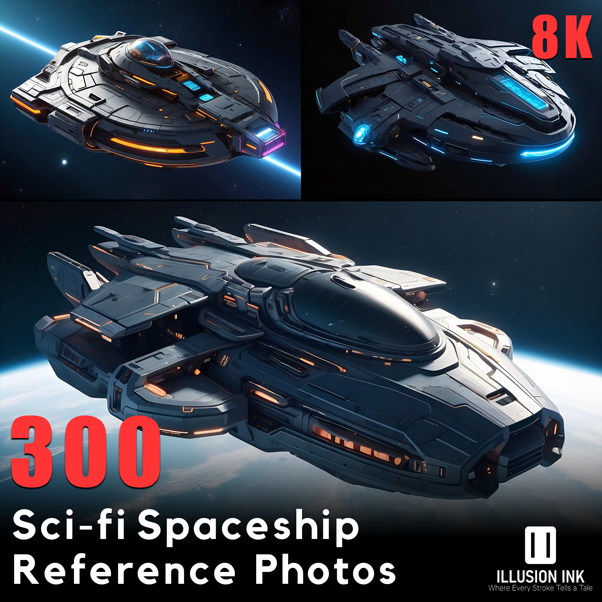 ILLUSION INK - 300 Sci-fi Spaceship Reference Photos | 8K