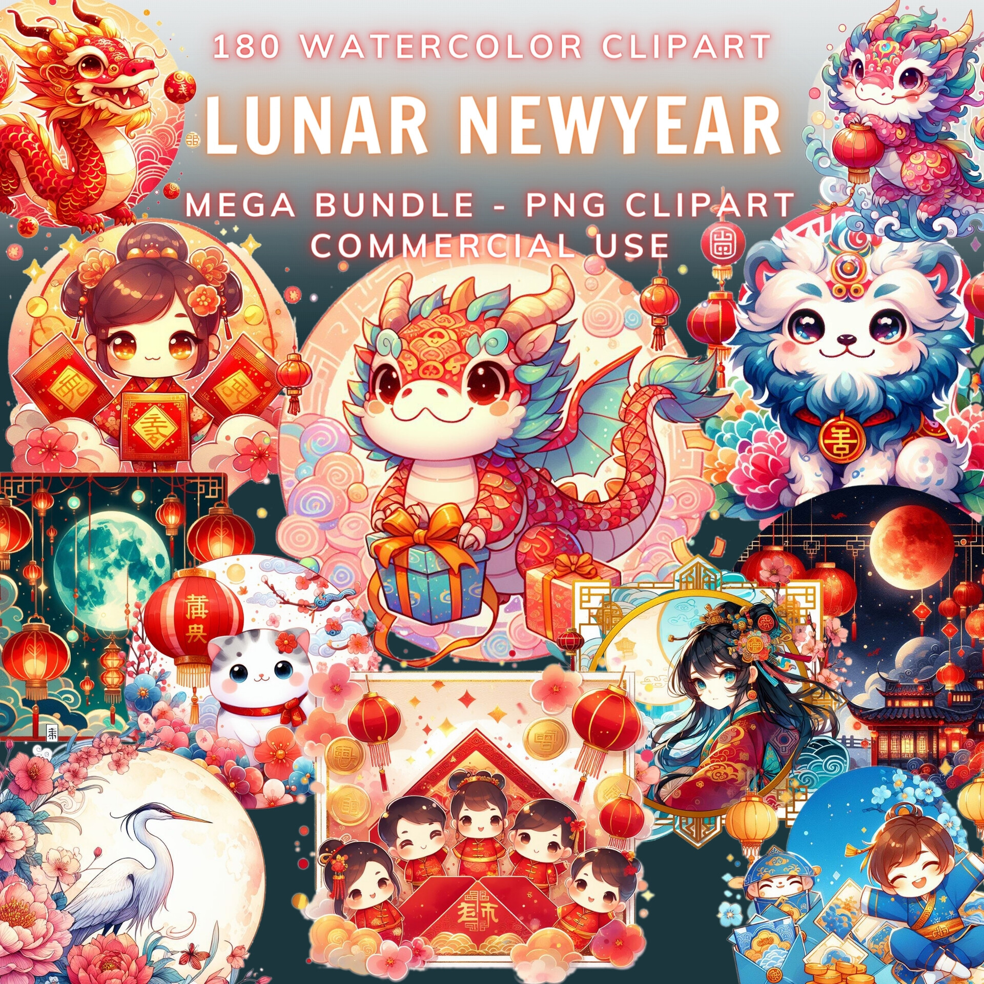 ArtStation - Chinese New Year Watercolor Clipart Bundle, Lunar New year ...