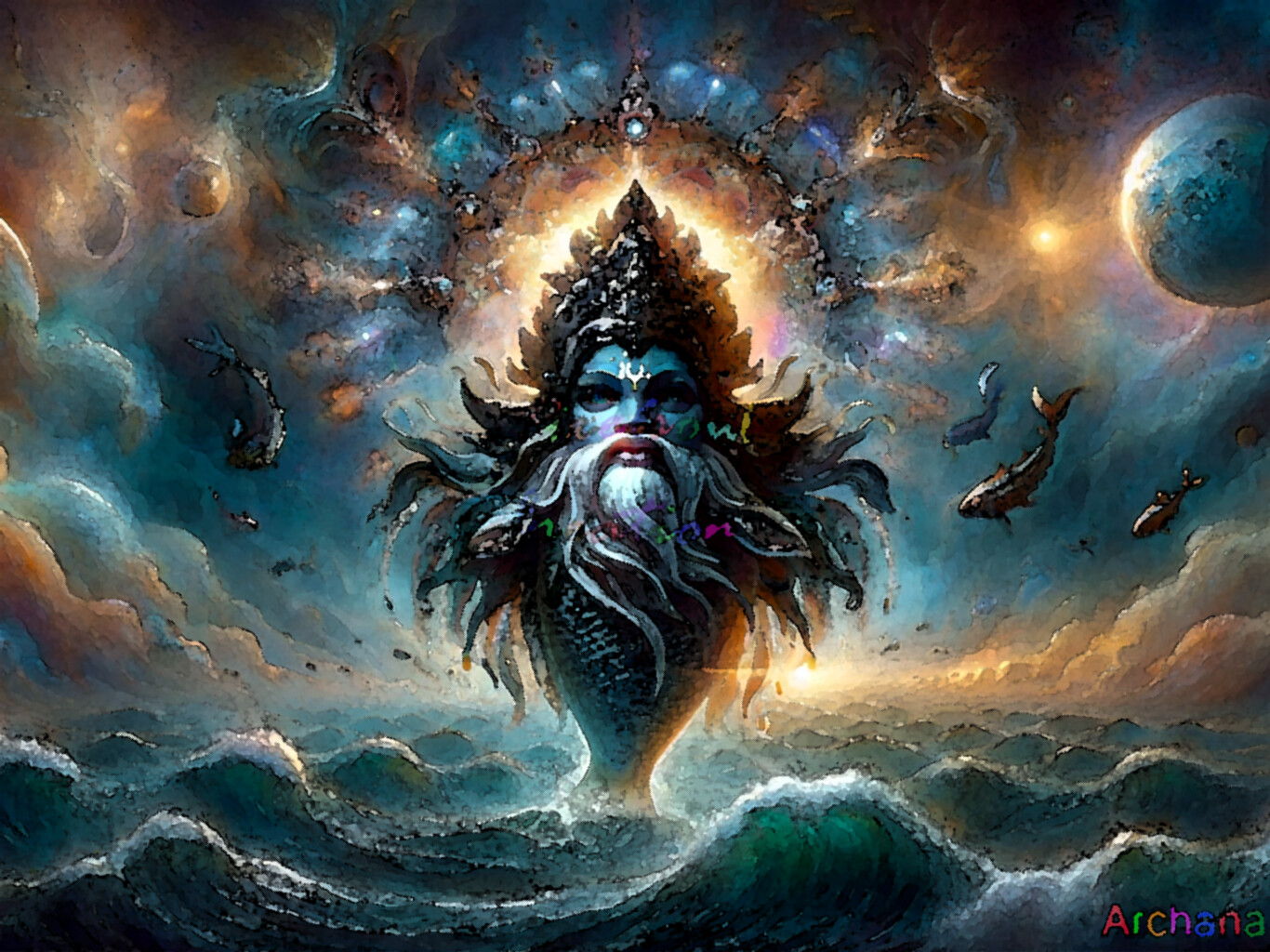 Archana - Oceanic Revelation: Lord Vishnu's Majestic Matsya Avatar Emerges