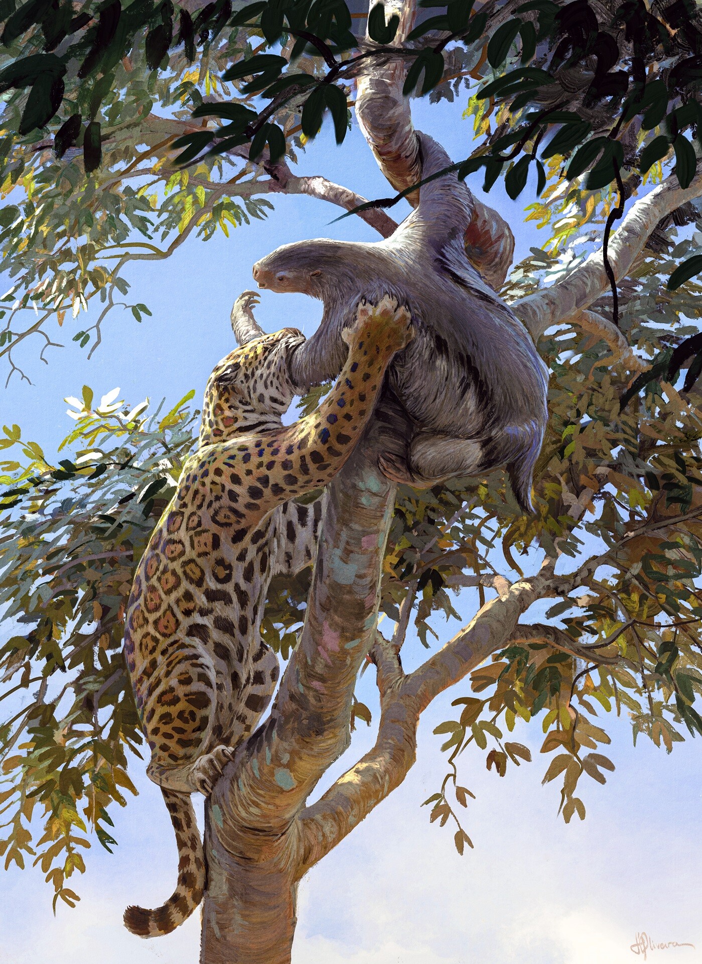 ArtStation - A young ground-sloth gets preyed by a jaguar