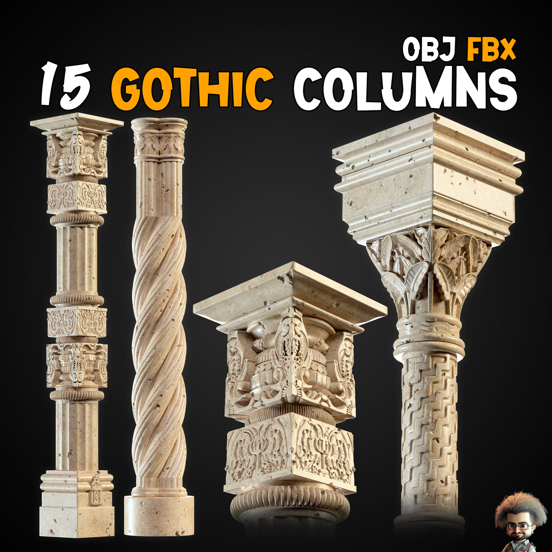ArtStation - 15 Gothic Columns 3D Model + 30 Ornaments Brush - Vol 22
