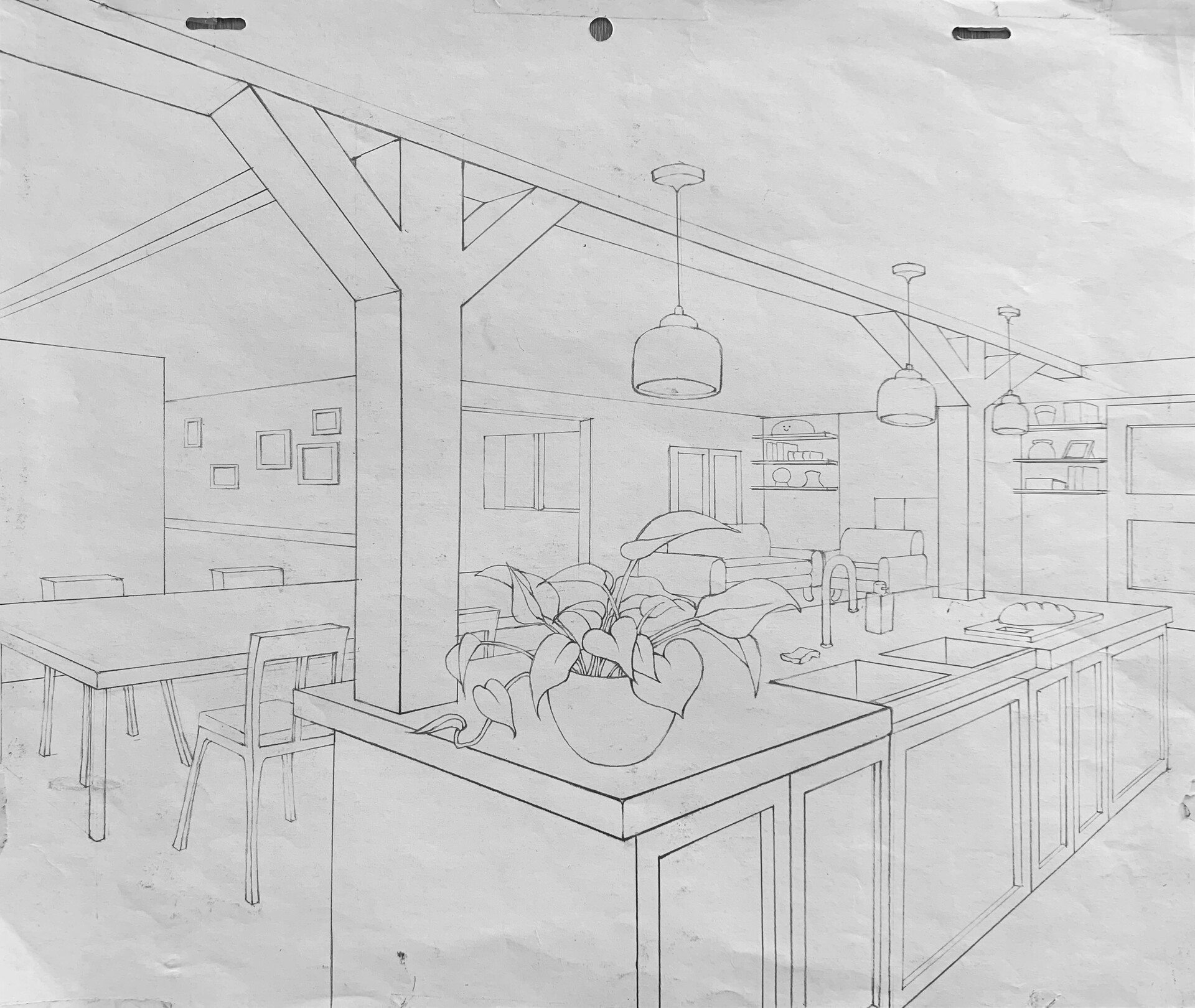 how to draw two point perspective kitchen