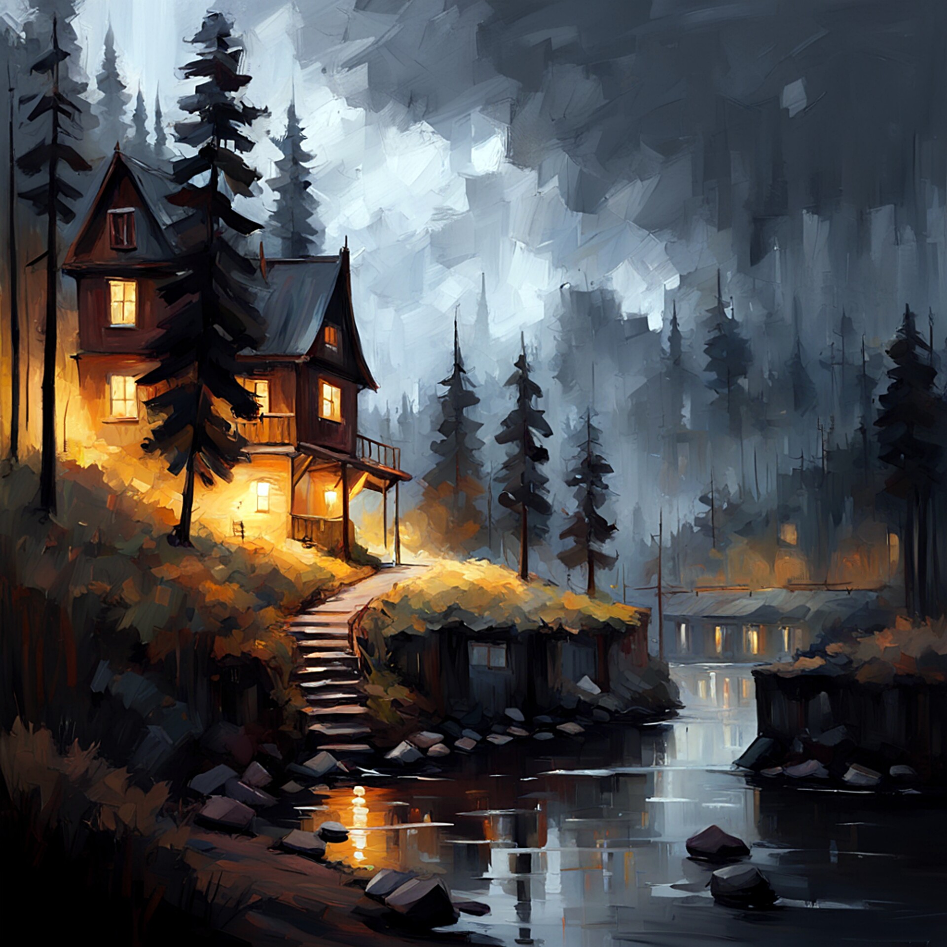 ArtStation - Night, unsteady shadows emerge from the houses