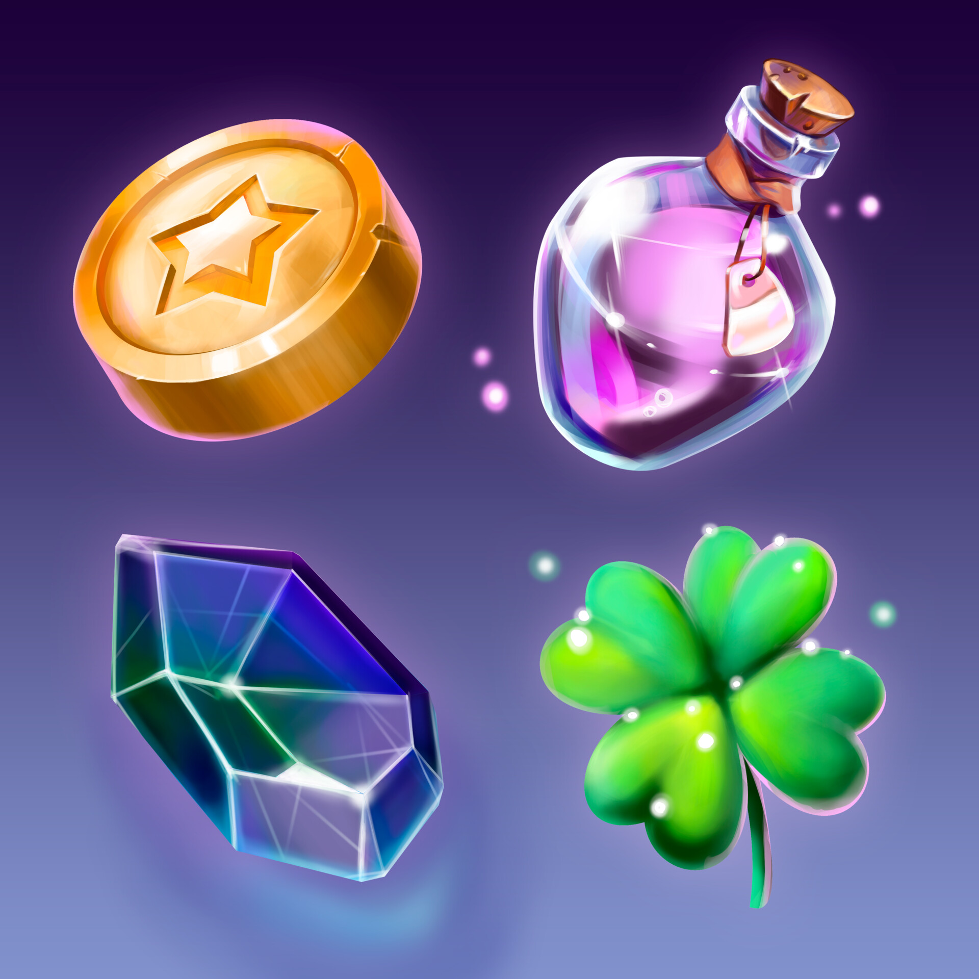ArtStation - Casual icons: clover, coin, gems (crystal), potion (props)