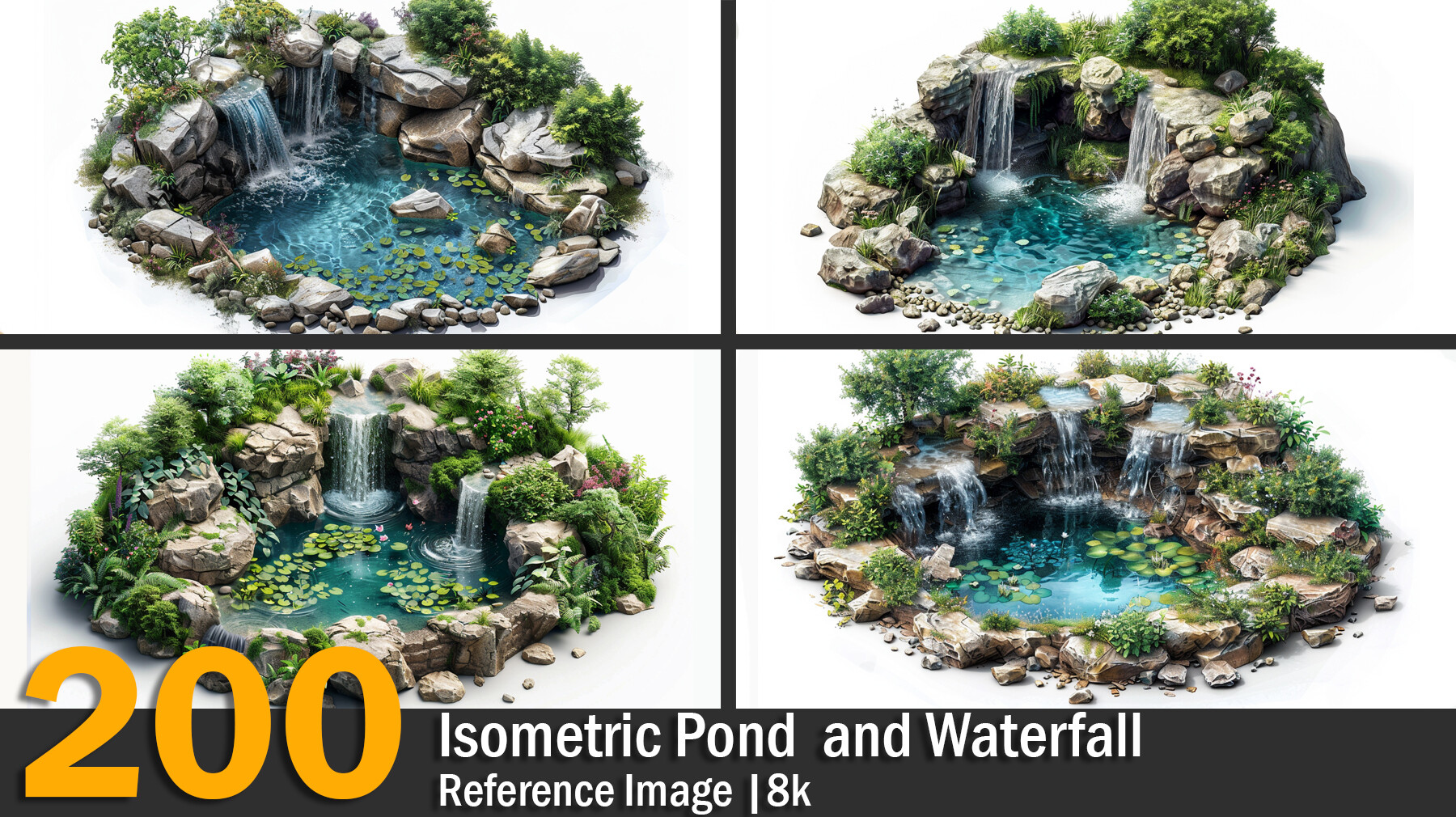 Lumière - Isometric Pond and Waterfall | Reference Images | 8k