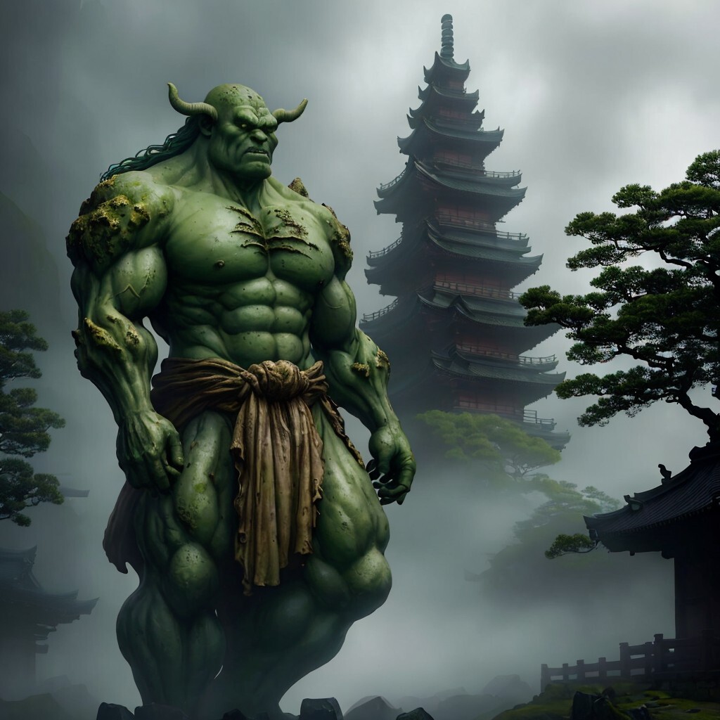 ArtStation - A huge goblin demon appeared in a Japanese garden with fog