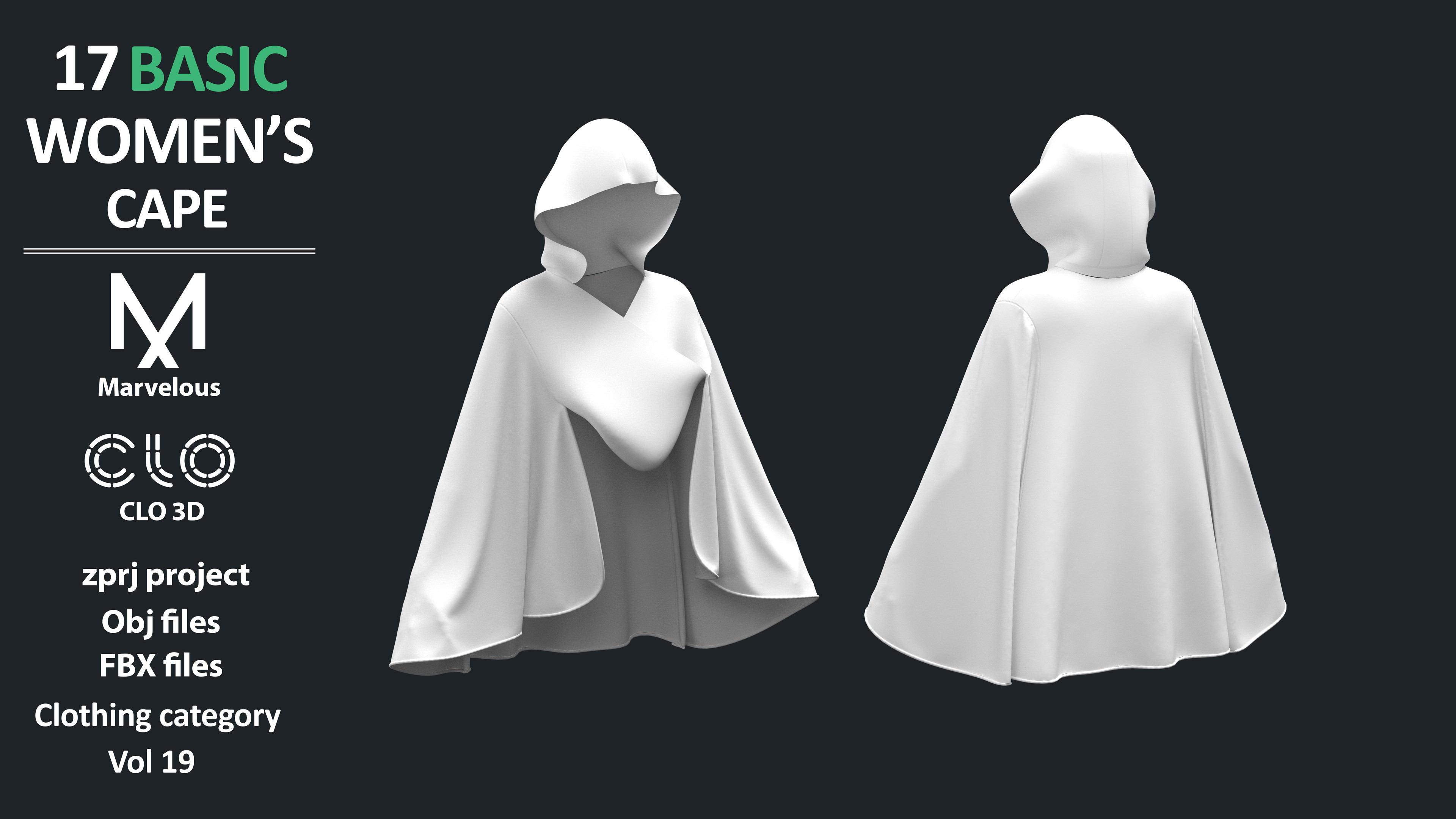 TOBart - 17 BASIC WOMEN'S CAPES / ZPRJ + OBJ + FBX / Marvelous + Clo3d