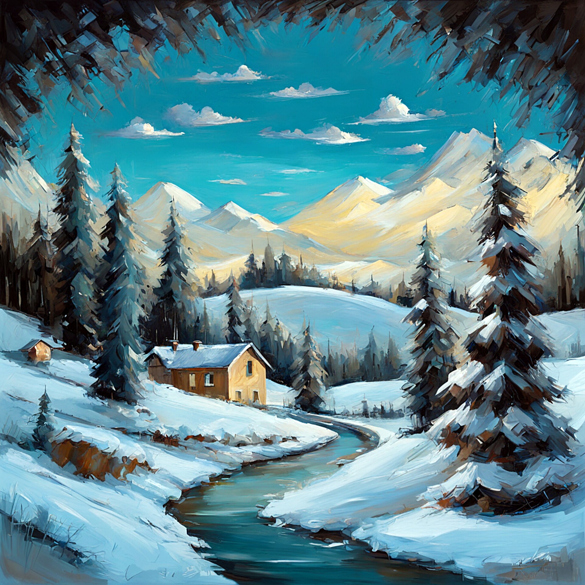 ArtStation - Winter hand drawn landscape with frozen river.