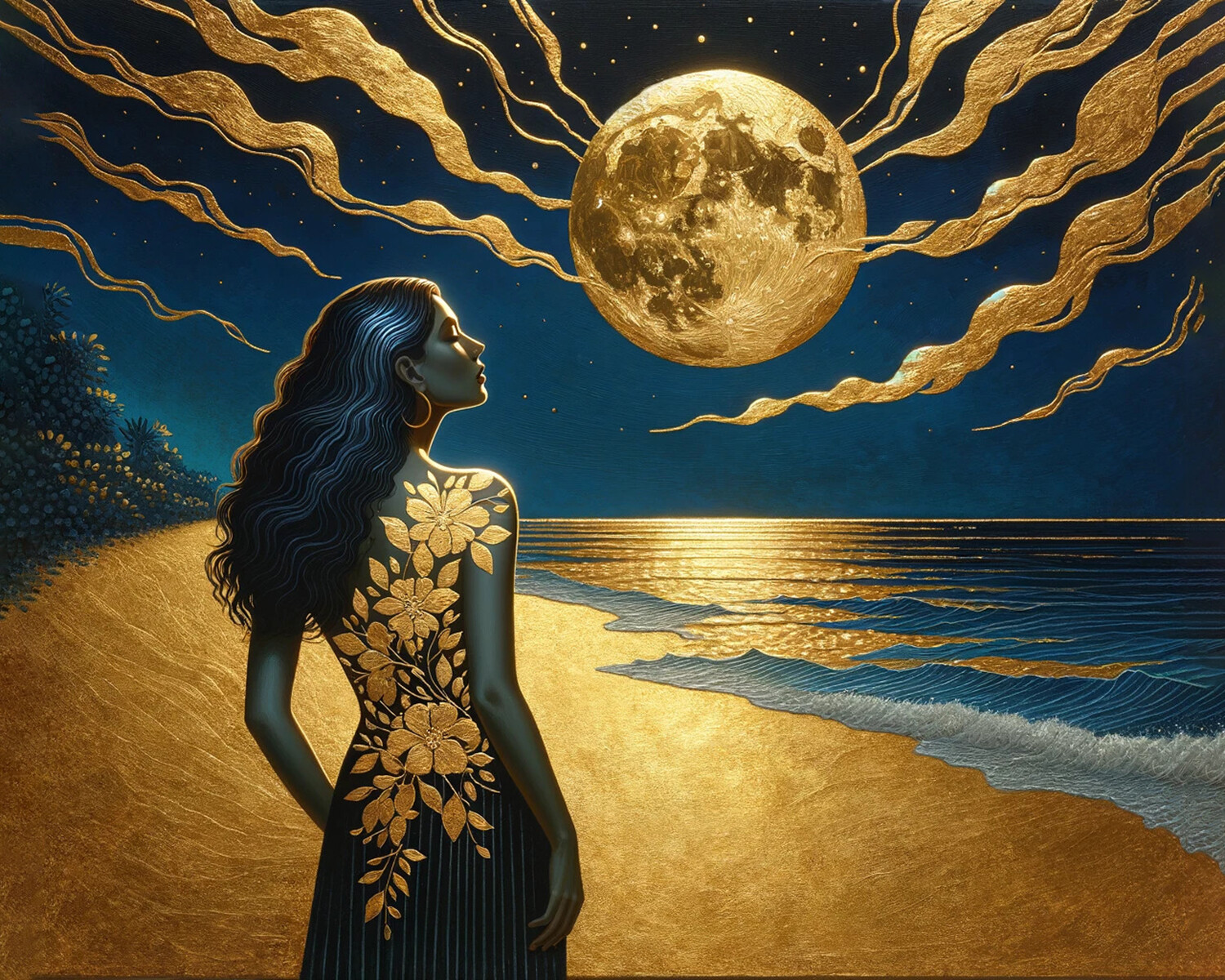 Archana - Moonlit Solitude: A Woman's Contemplation on the Beach at Night