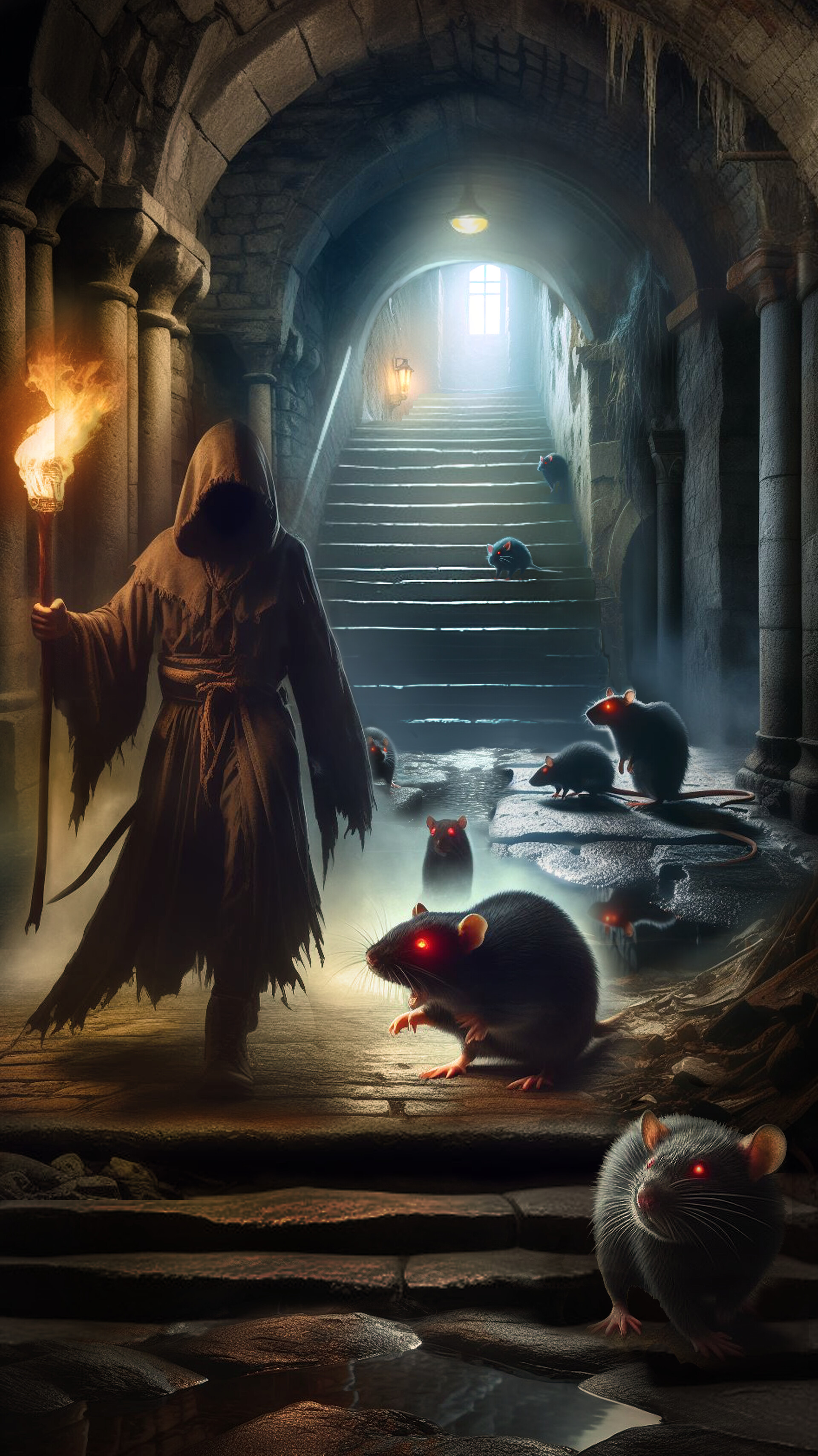 ArtStation - A mysterious figure and gigantic rats with red eyes.
