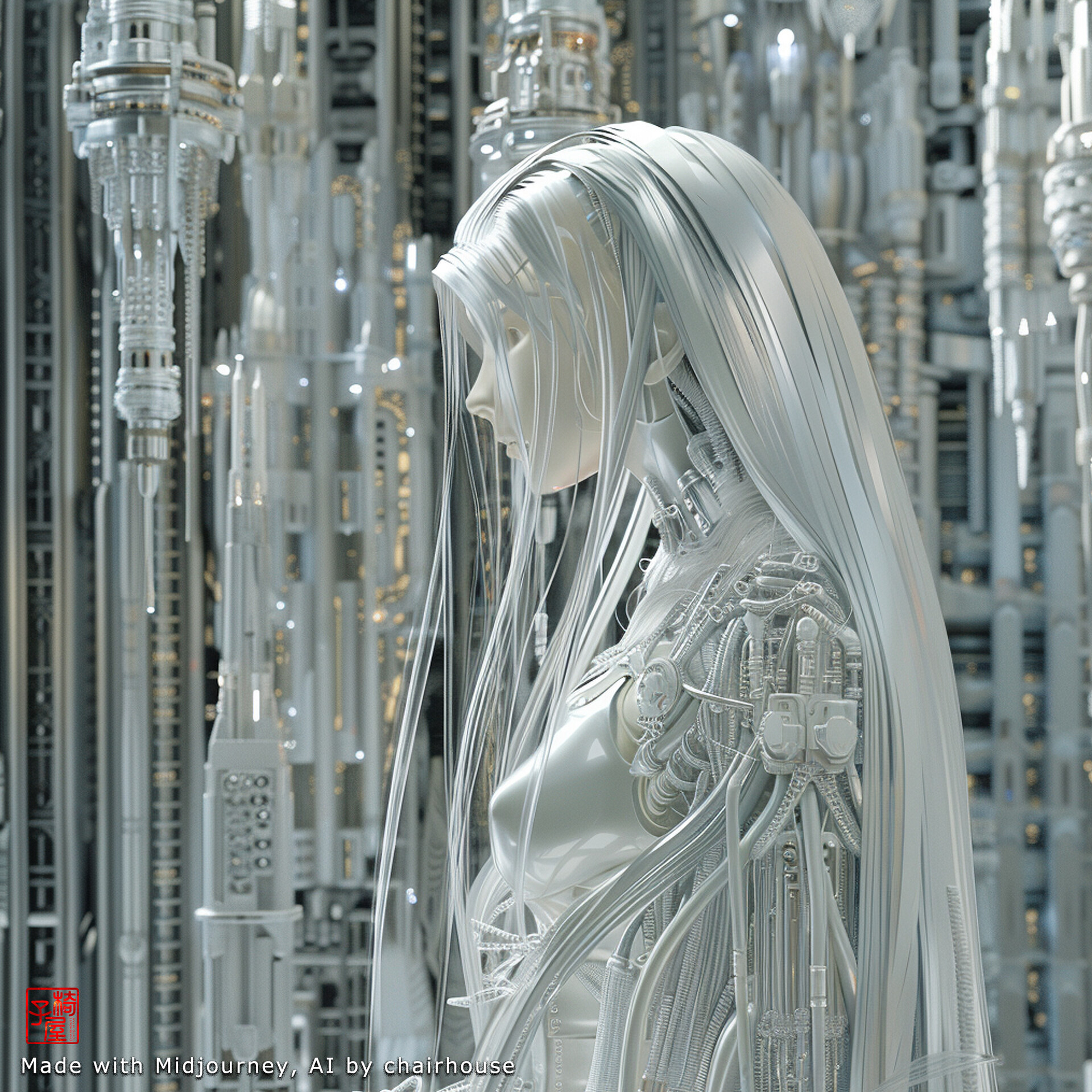 ArtStation - mechanical silver goddess26 in silver machine city 240319 by Midjourney