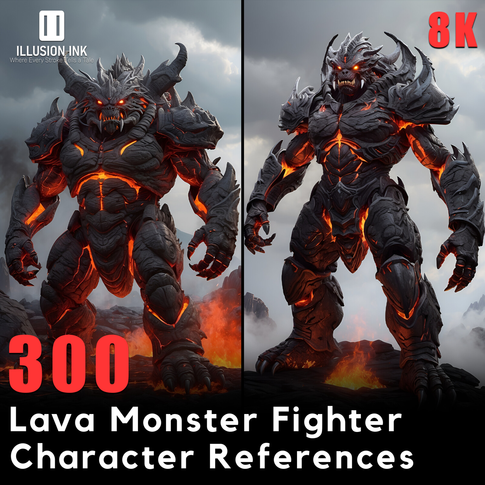 ILLUSION INK - 300 Lava Monster Fighter Character Reference | 8K Res