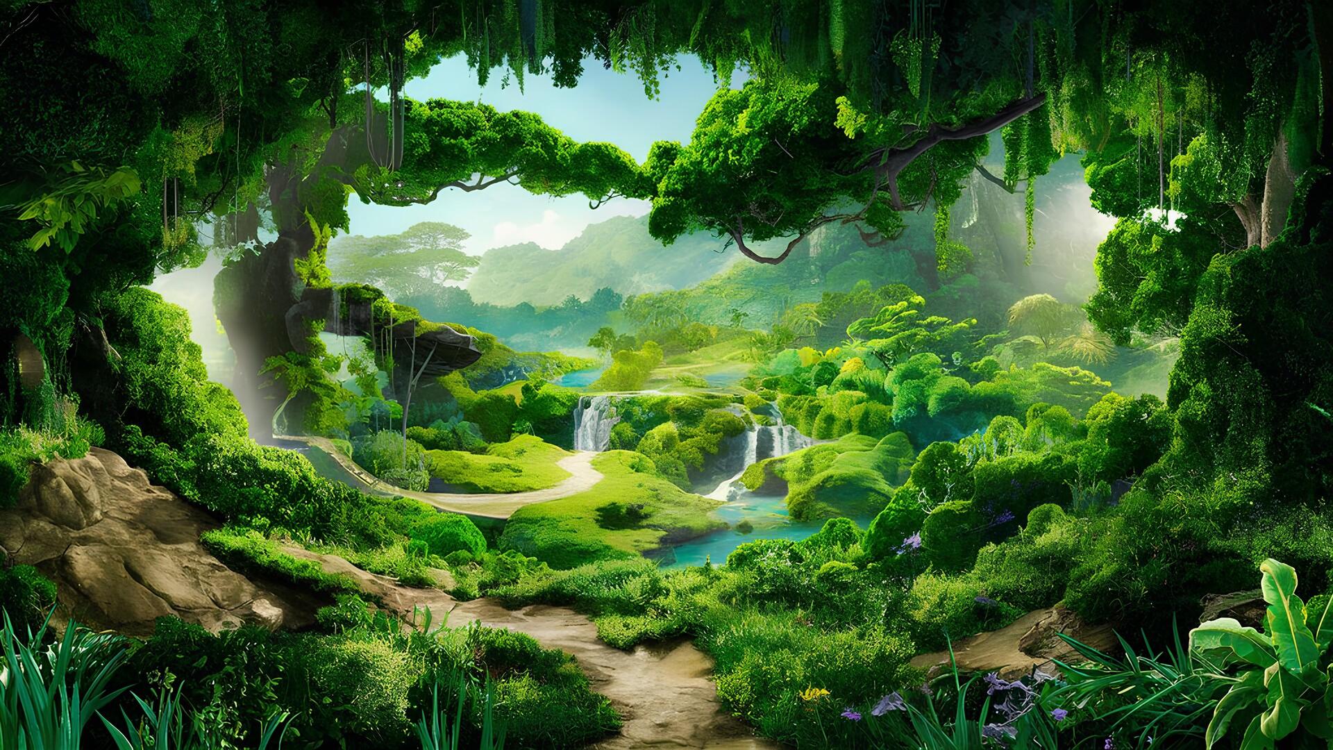ArtStation - Enchanted forest landscape with waterfall