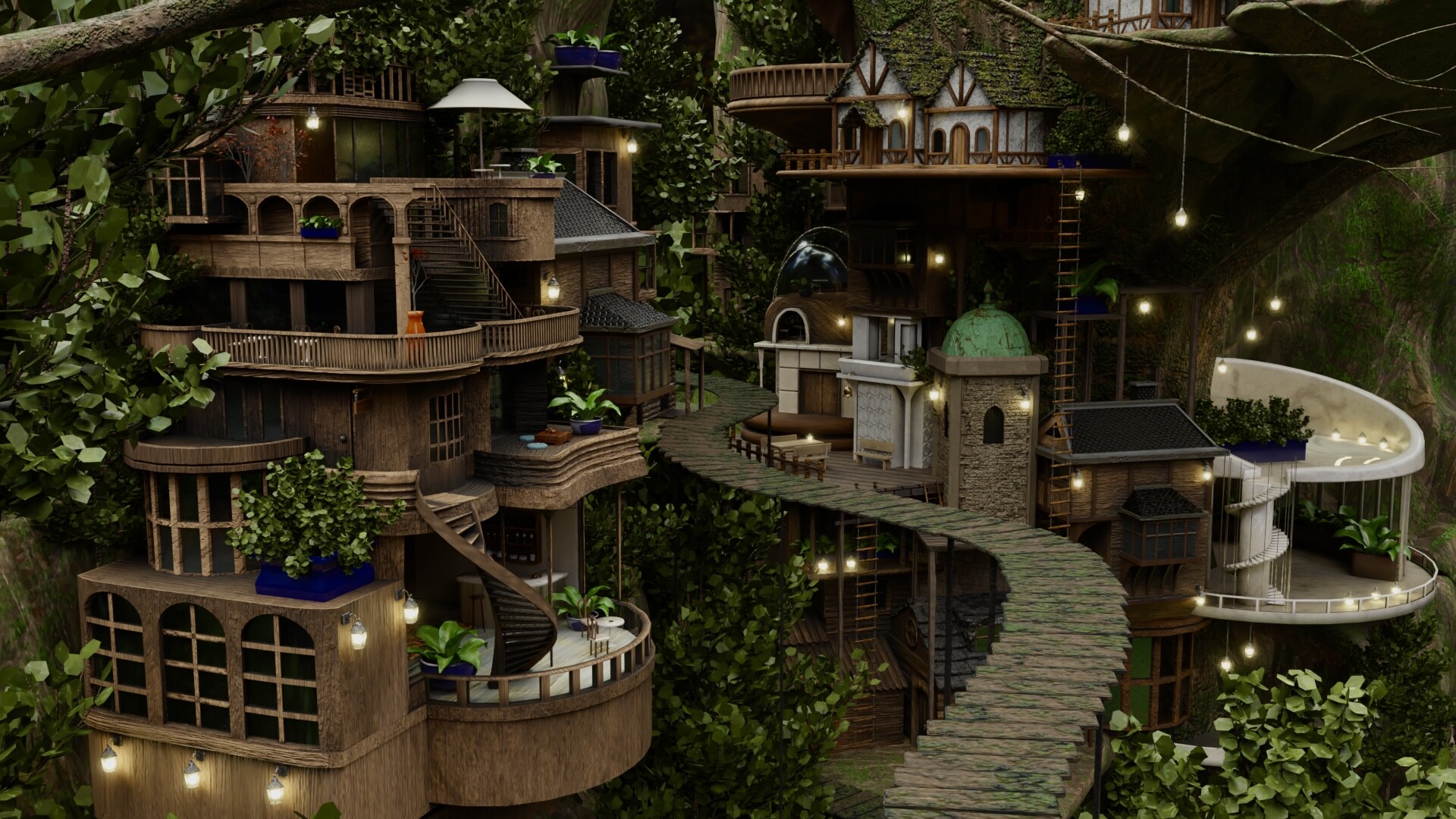 ArtStation - Fantasy treehouse village scene