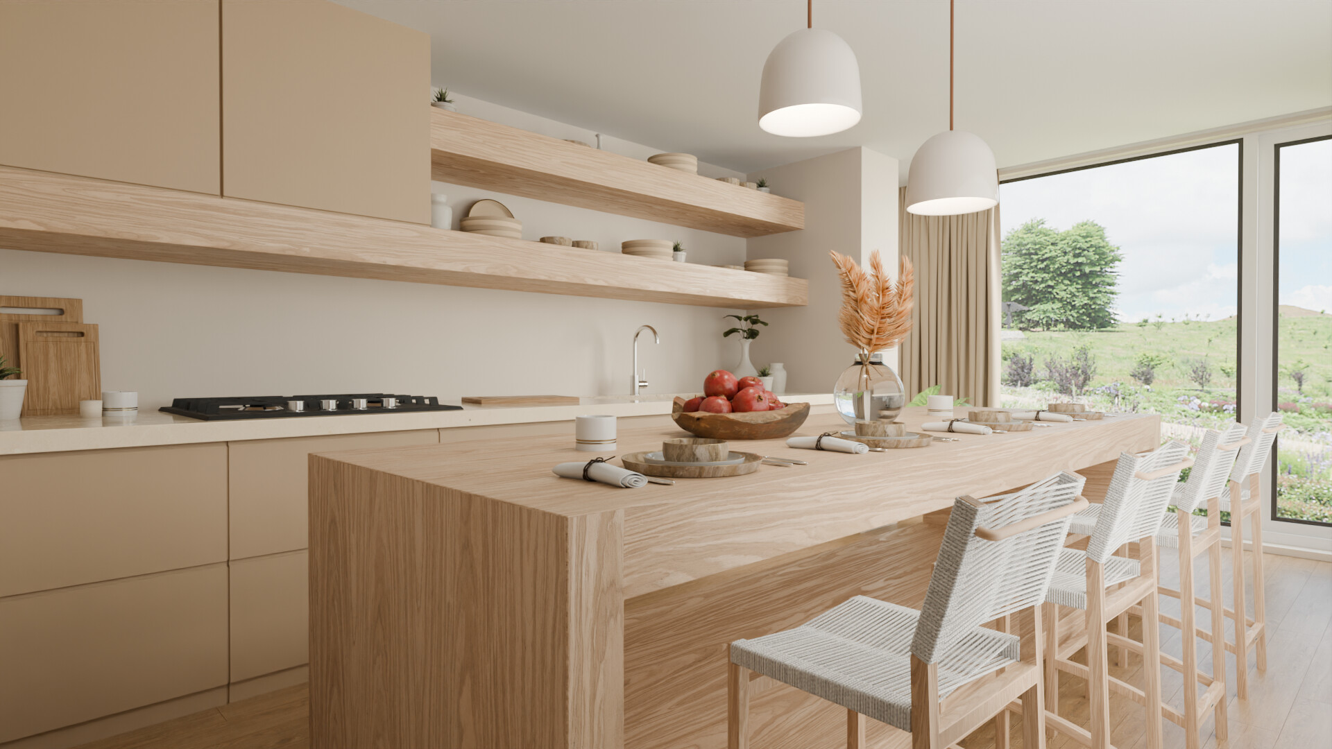 ArtStation - Minimalist Wood Kitchen Visualization