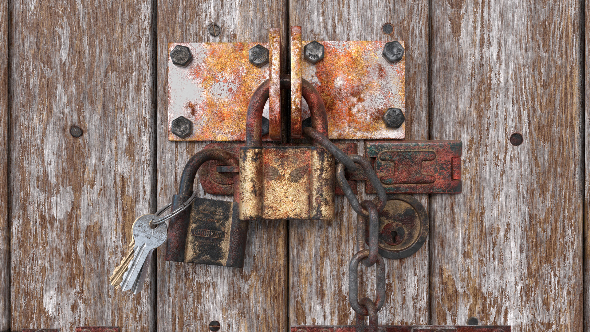 ArtStation - "HODOR (hold the door) scrawled beneath a collection of old, rusty locks."