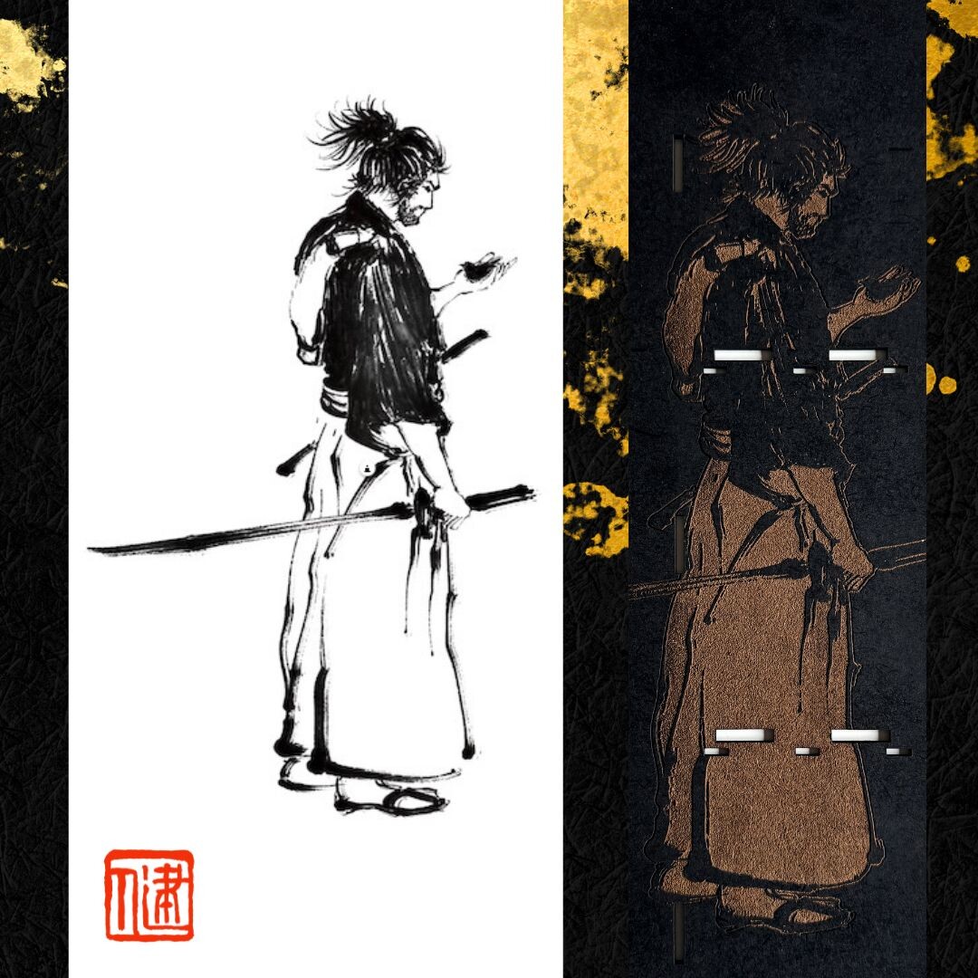 ArtStation - Musashi Samurai Ink Painting & Its Laser Engraved Work