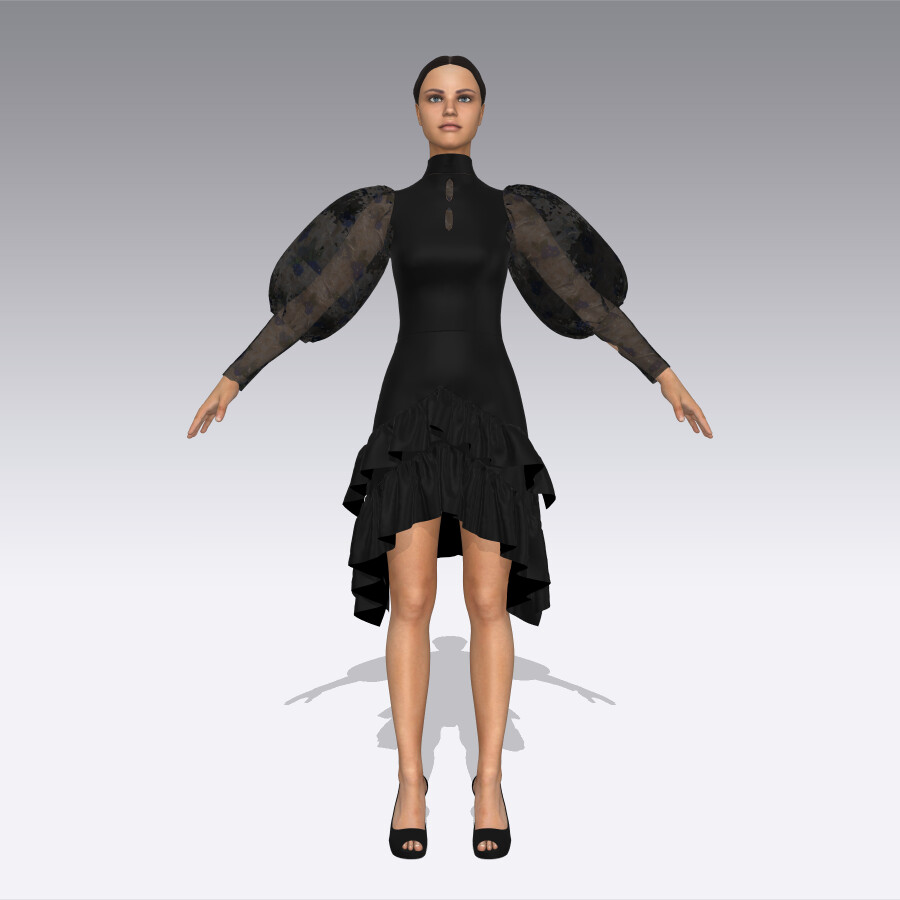 ArtStation - Black Frilly Dress with Puffed Sleeves