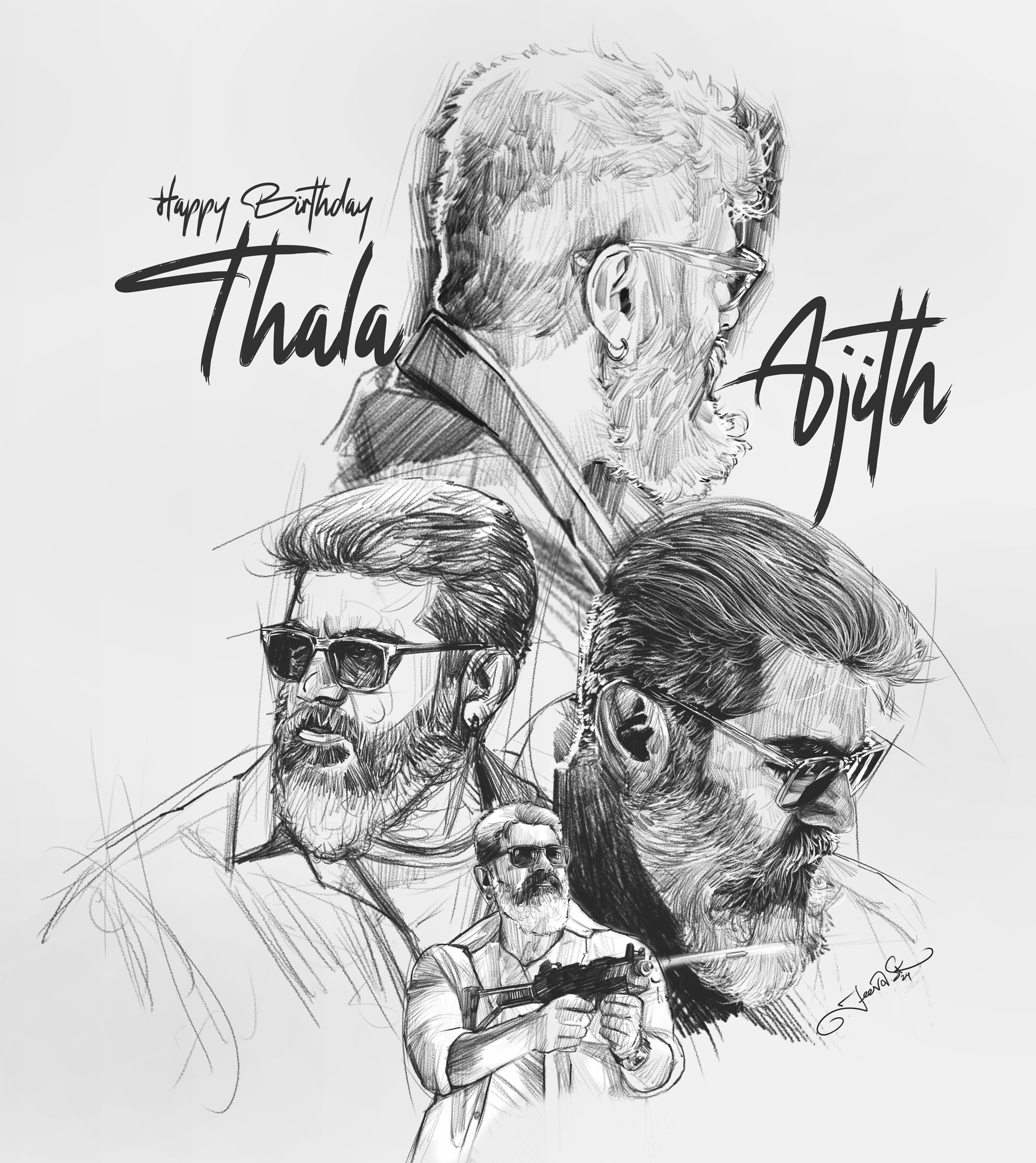 ArtStation - HBD Thala Ajith Kumar Pencil Sketch 2024 #HBDAjithKumar # ...