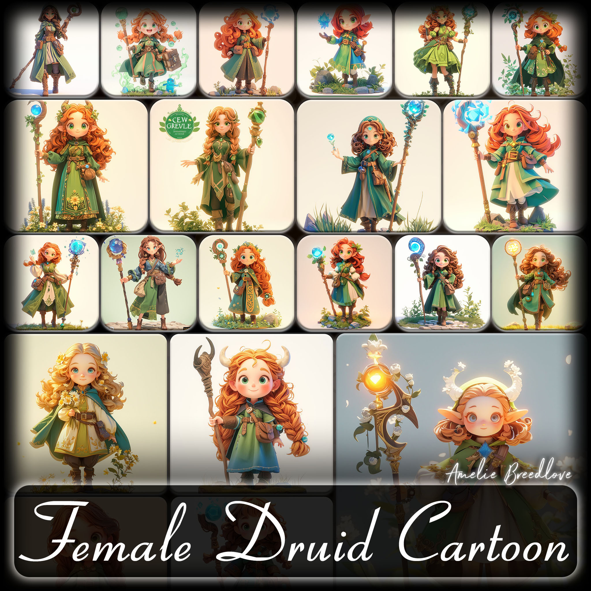 Amelie Anime - 200 Female Druid Cartoon (Full Body) Reference Pack | 4K ...