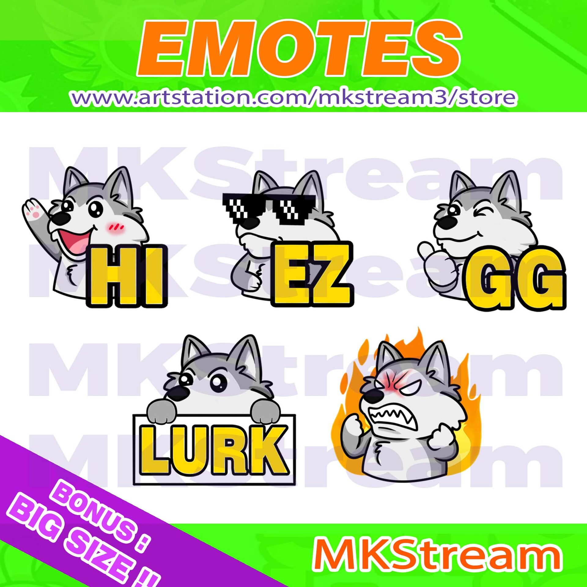 ArtStation - Twitch emotes cute wolf lurk, hi, gg, ez & rage pack