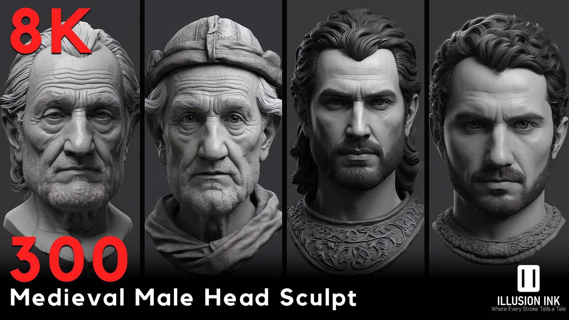 ILLUSION INK - 300 Medieval Male Head Sculpt Reference | 8K